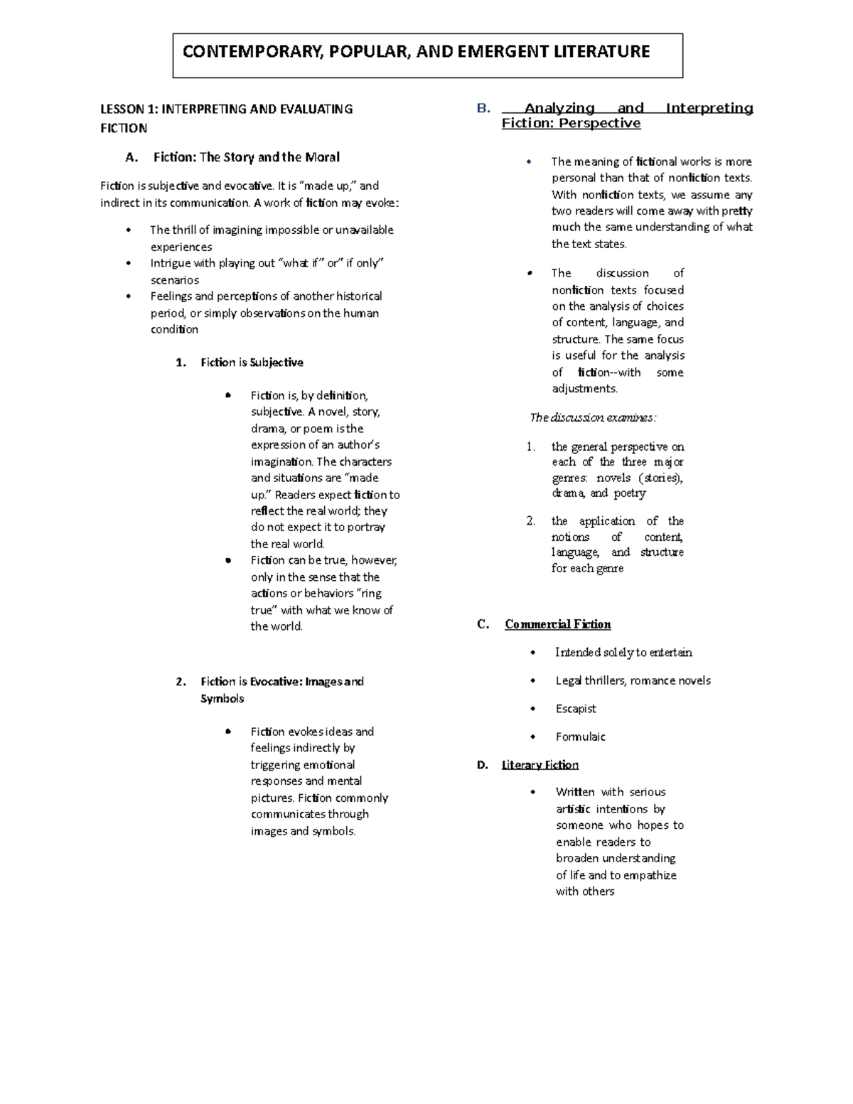 Contemporary Handouts - LESSON 1: INTERPRETING AND EVALUATING FICTION A ...