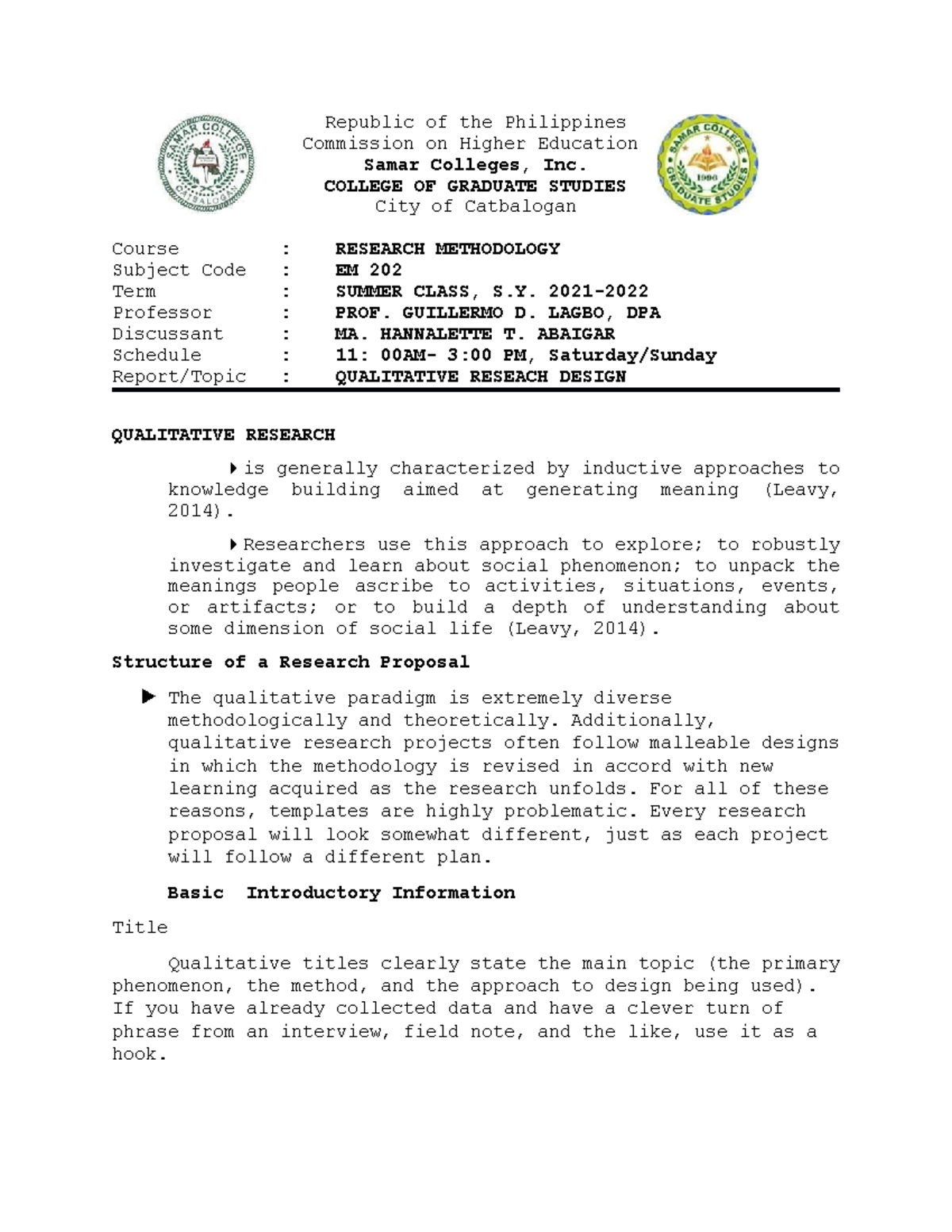 EM202 Qualitative Research Design #5 Abaigar, MA. Hannalette - Republic ...