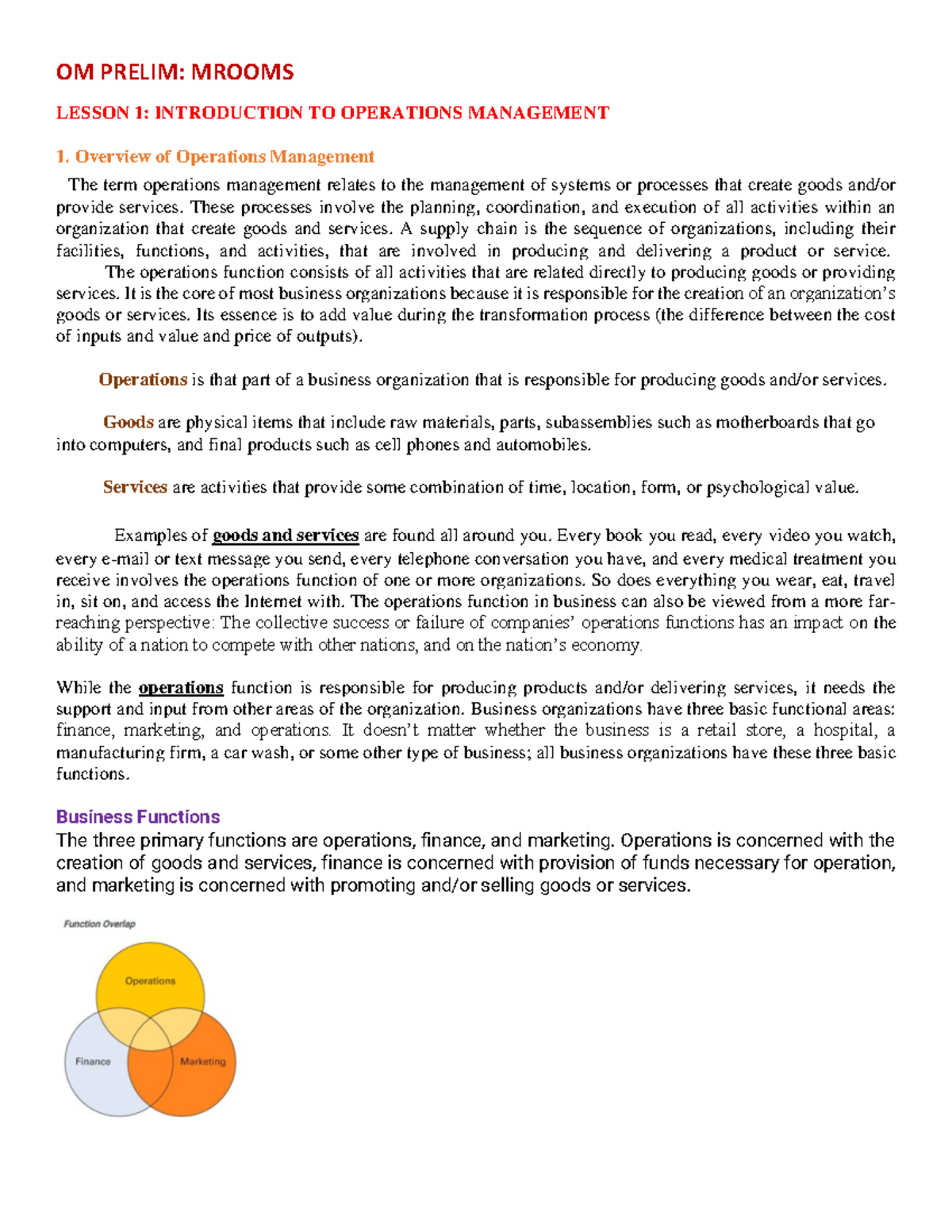 Prelim Topic for operation management - OM PRELIM: MROOMS LESSON 1 ...
