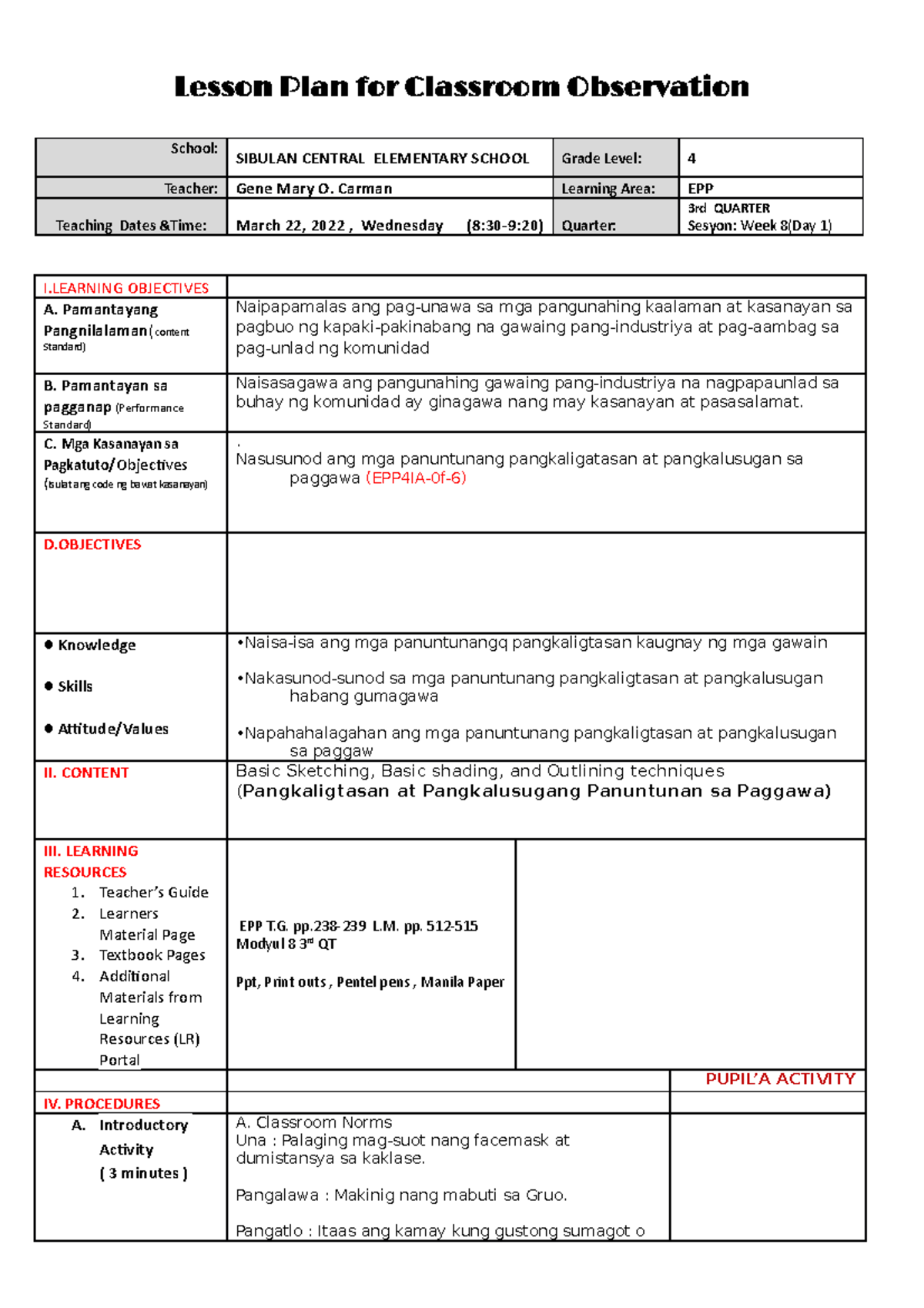 Epp lesson plan final - Lesson Plan for Classroom Observation School ...