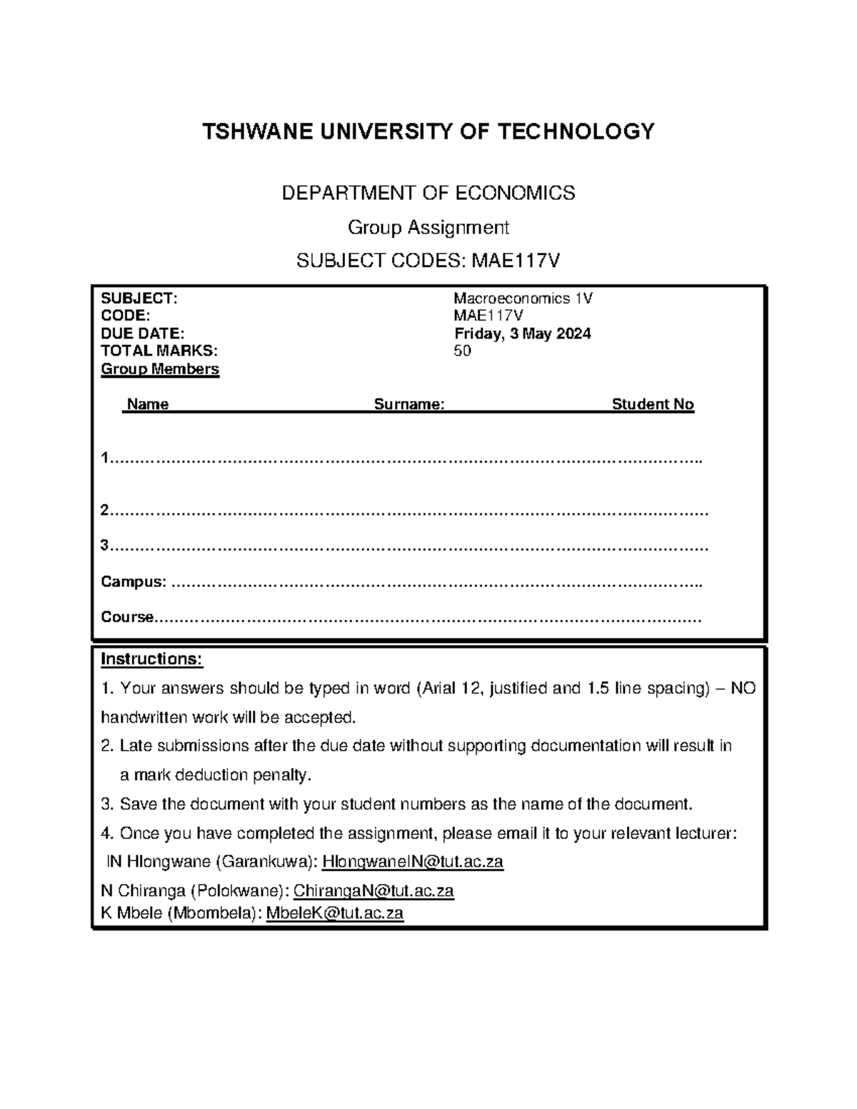 MAE117V Assignment 2024 - TSHWANE UNIVERSITY OF TECHNOLOGY DEPARTMENT ...