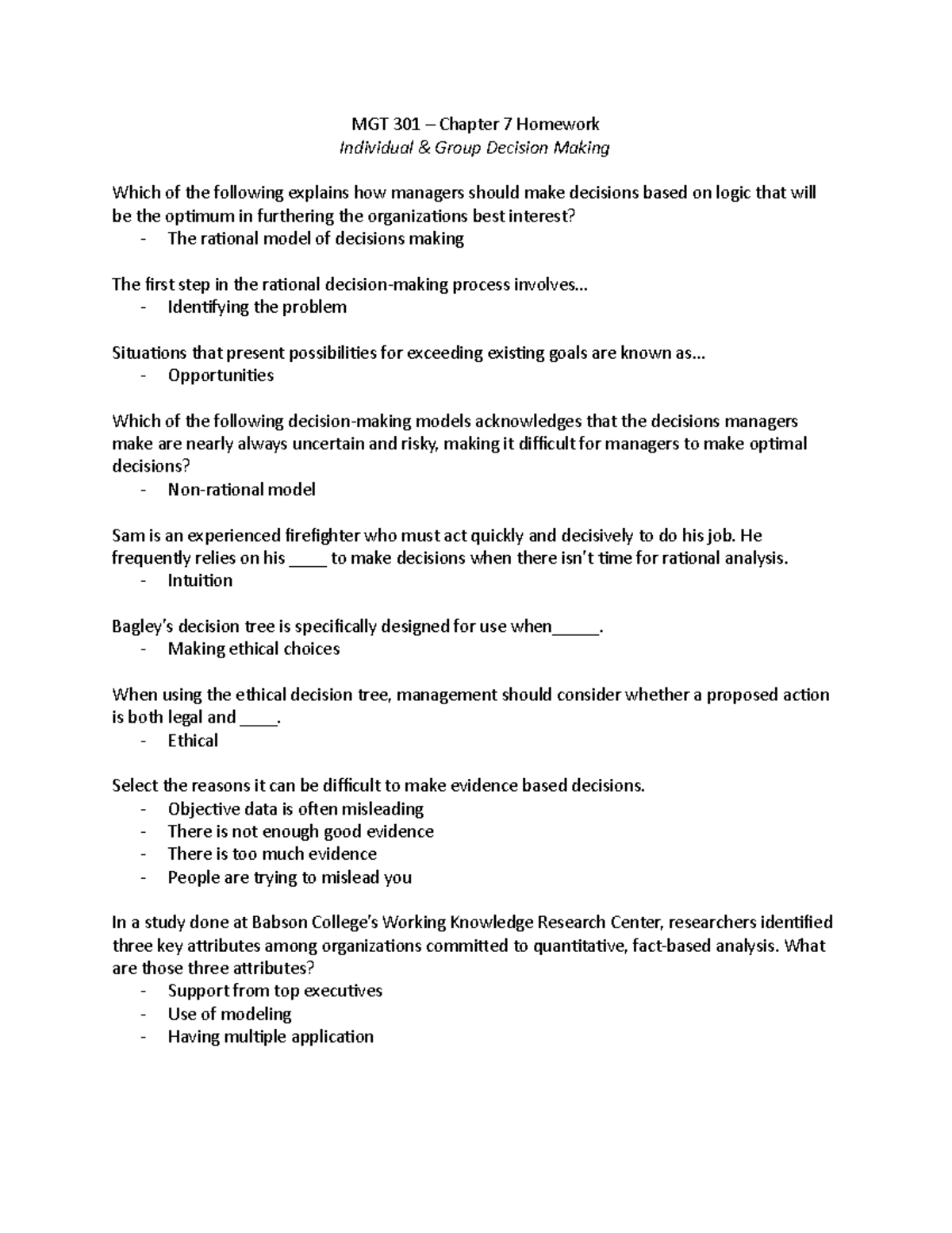 MGT 301 – Chapter 7 Homework - MGT 301 – Chapter 7 Homework Individual ...
