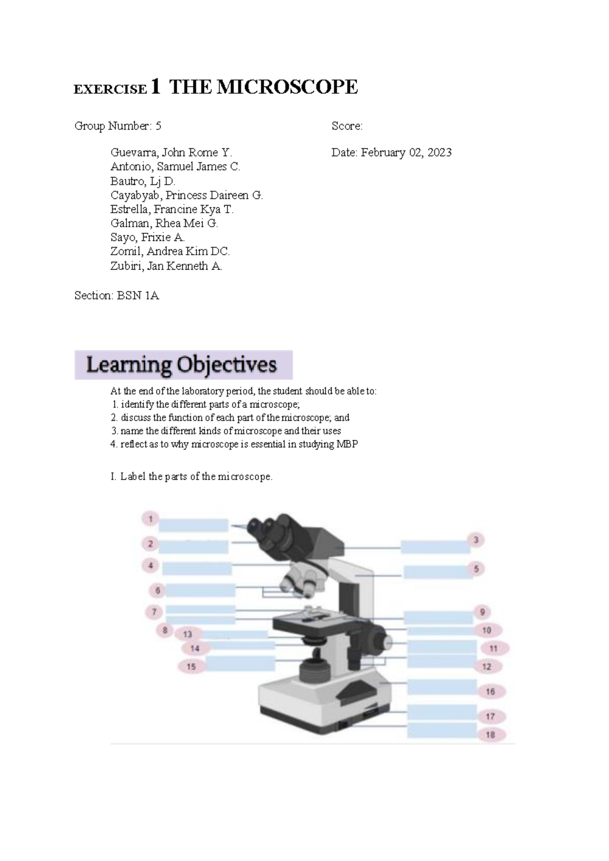 Exercise 1 THE Microscope - Group 5 - MBP 108 - EXERCISE 1 THE MICROSCOPE Group Number: 5 Score ...