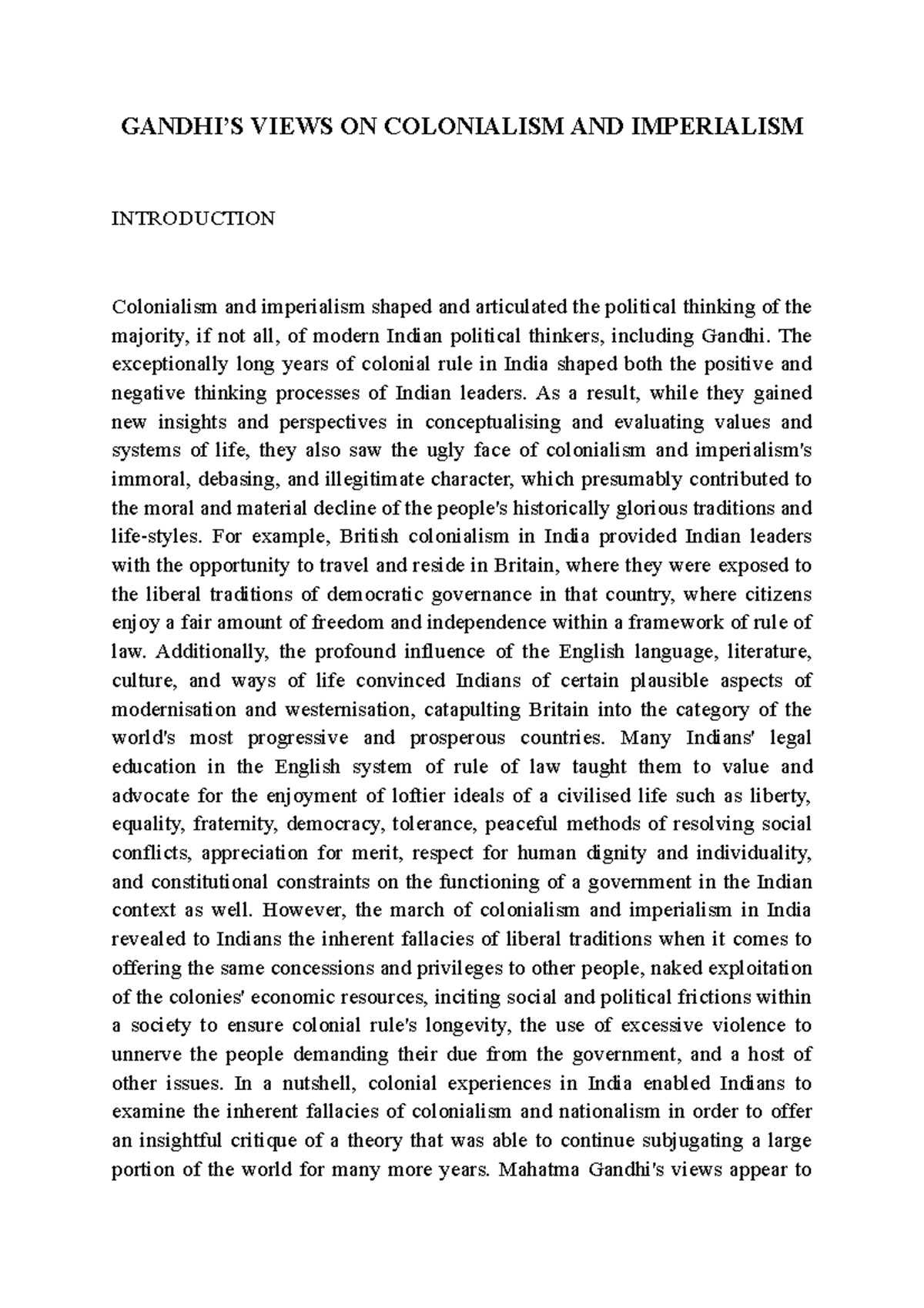 Gandhi’S Views ON Colonialism AND Imperialism - GANDHI’S VIEWS ON ...