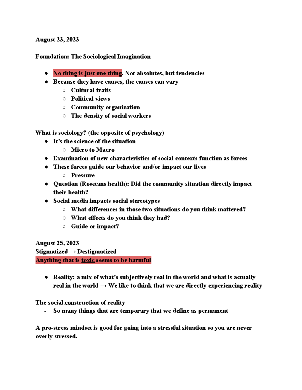 Sociology Notes - SOC 101 - August 23, 2023 Foundation: The ...