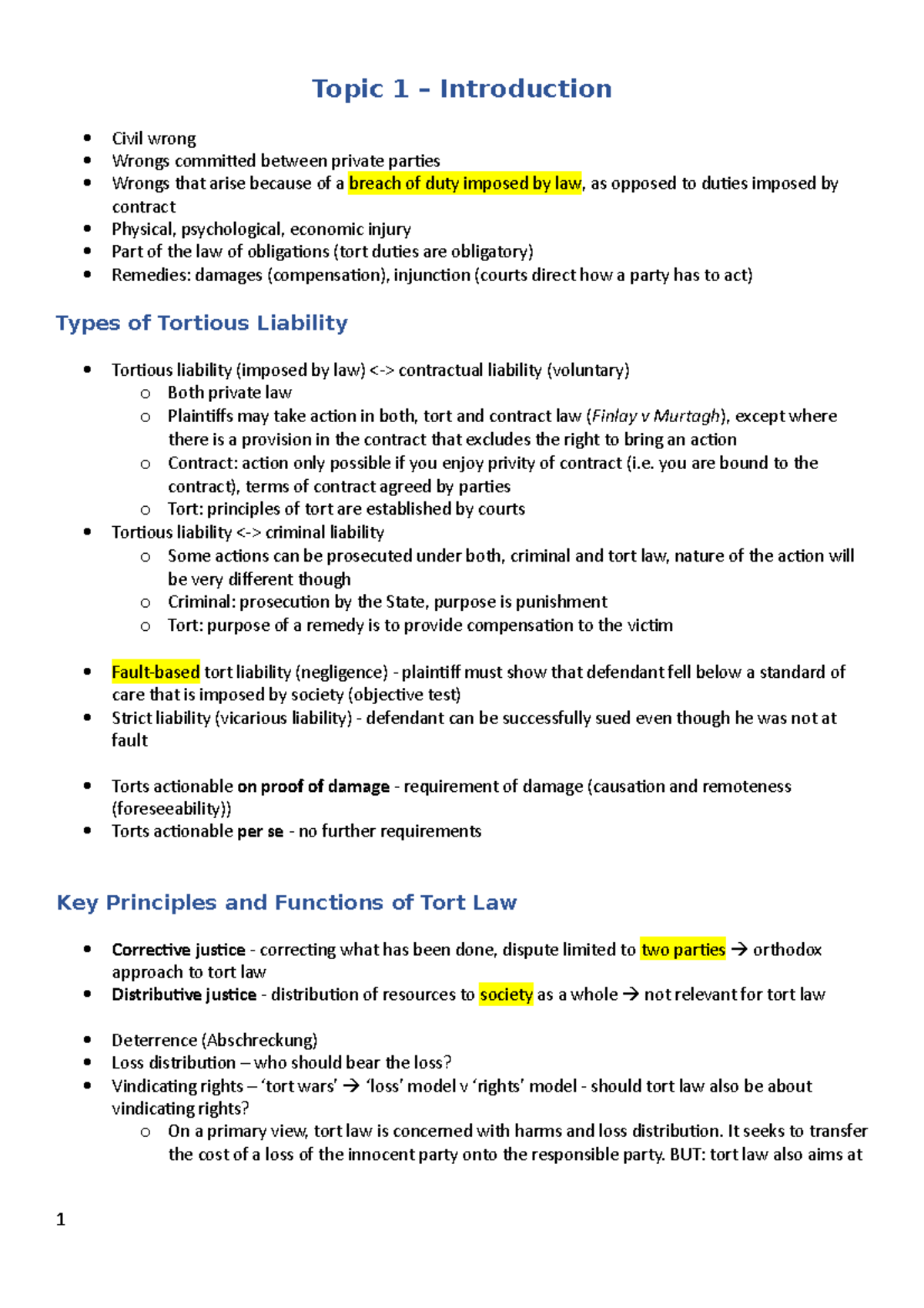 Topic 1 - Introduction to Tort Law Types and Principles/Functions ...