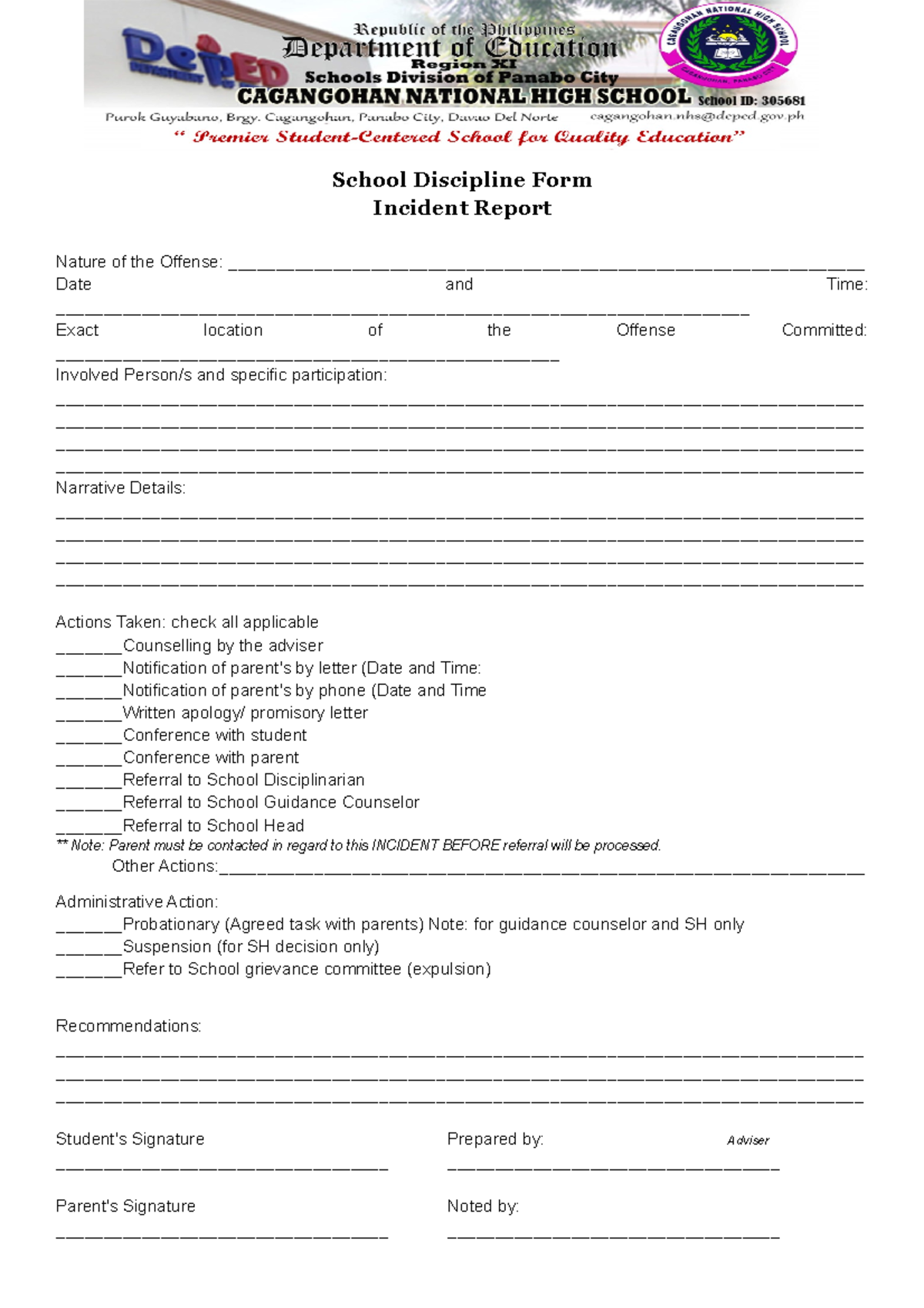 School Discipline Form - School Discipline Form Incident Report Nature ...