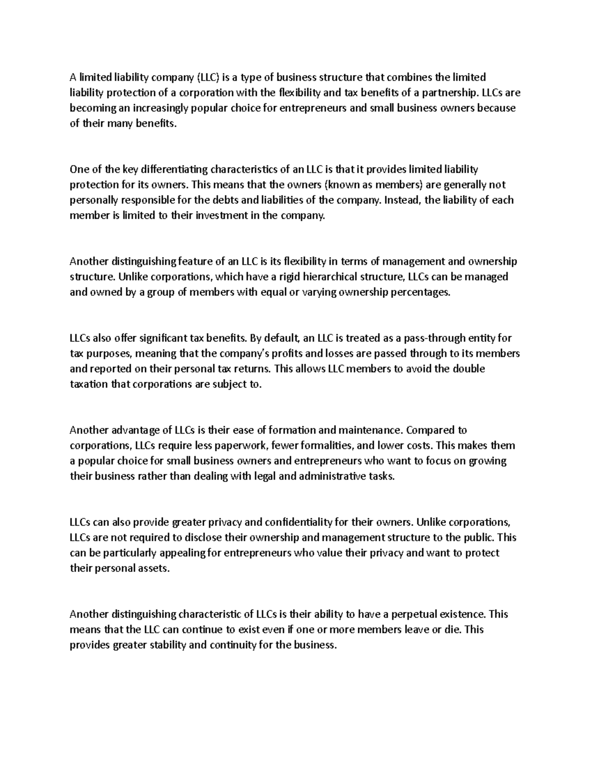 Advantages of a Limited Liability Company (LLC) - Studocu