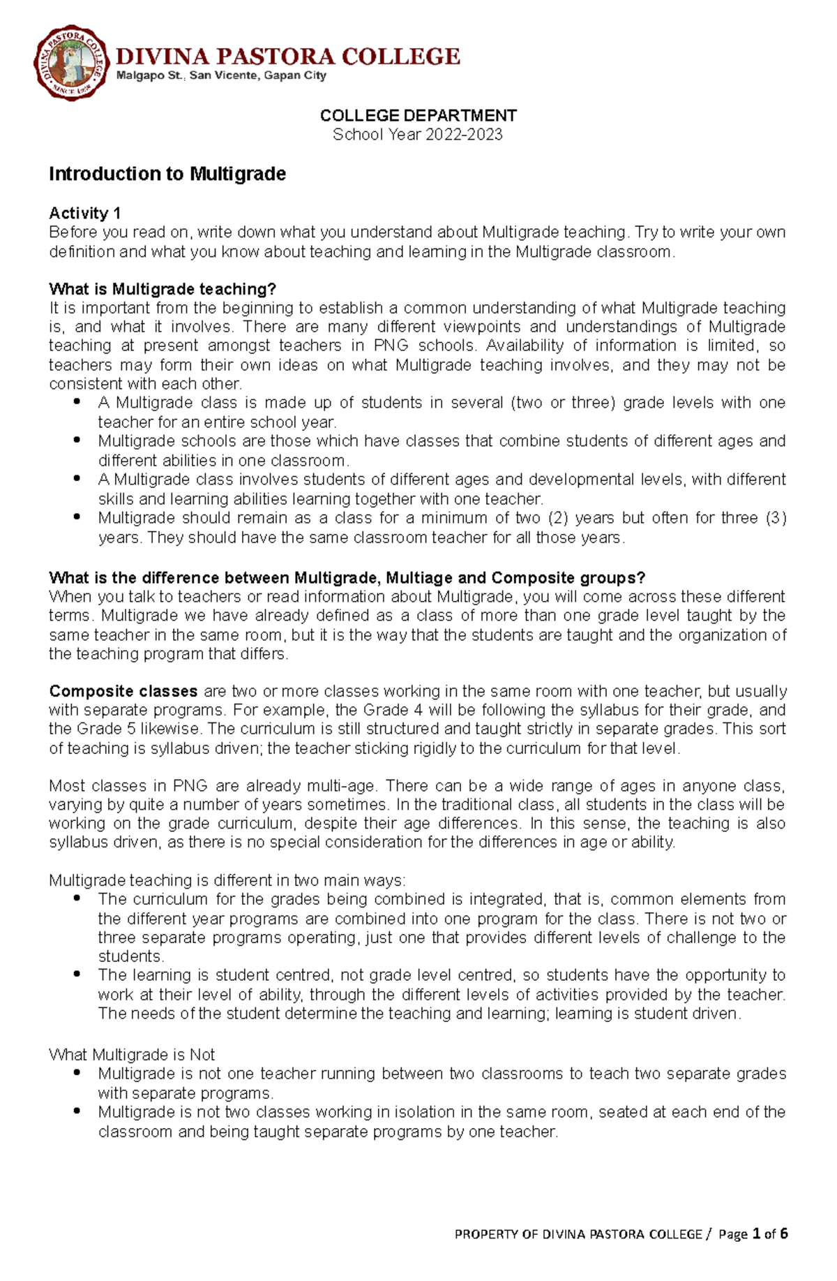 Elective 1 - Teaching Multigrade - COLLEGE DEPARTMENT School Year 2022 ...