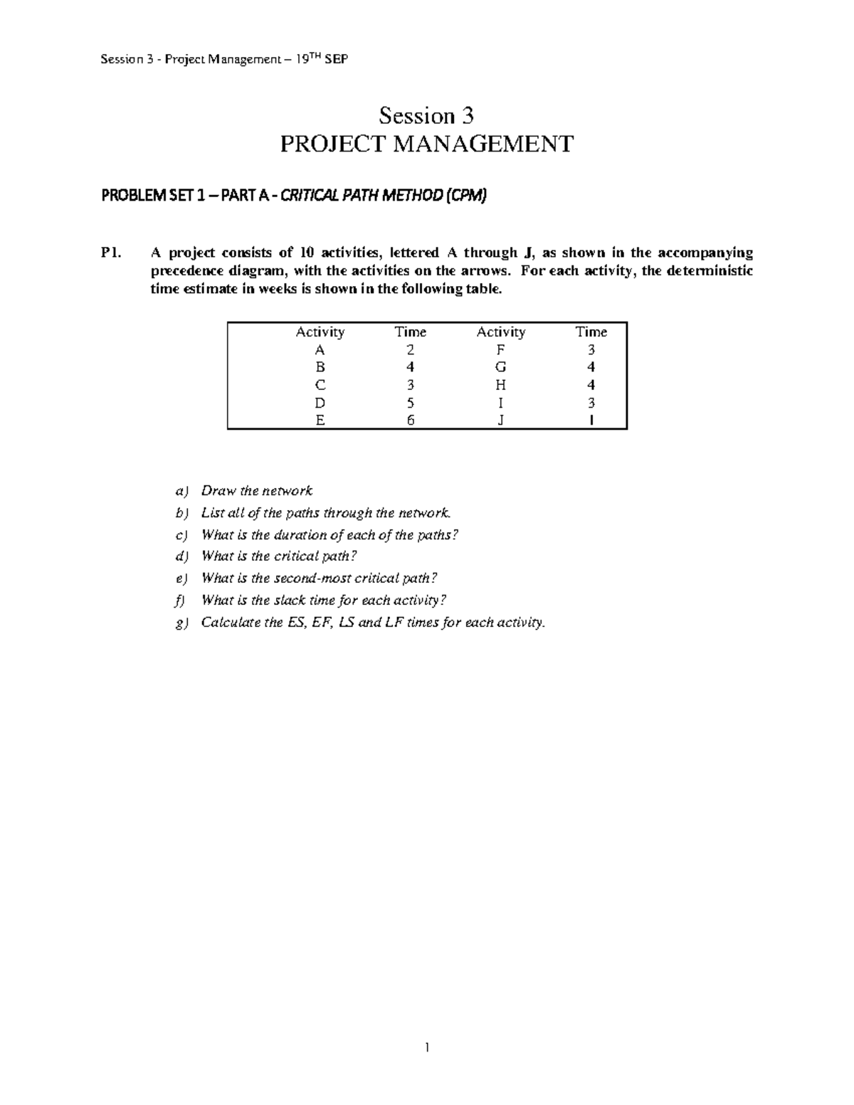 Problem Set 1A CPM exercises - Session 3 PROJECT MANAGEMENT PROBLEM SET ...