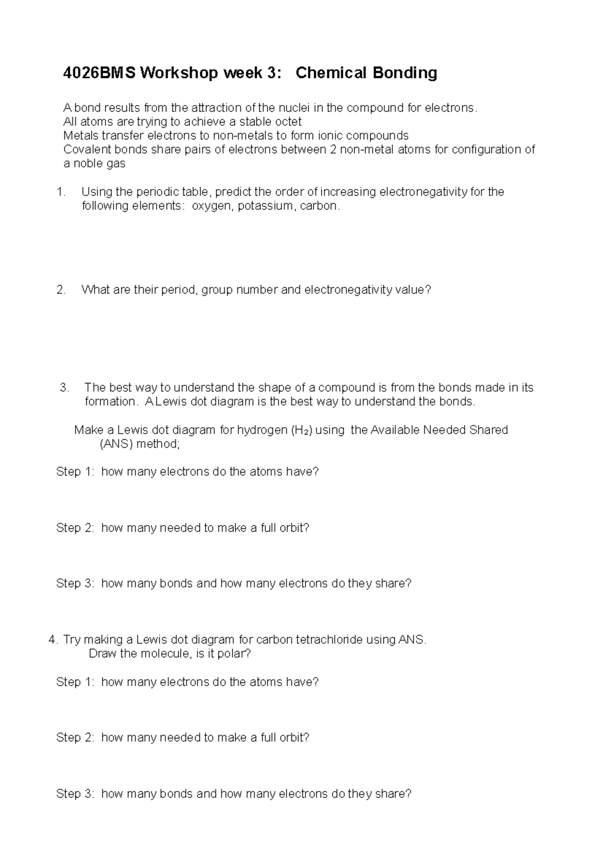Chemical Bonding worksheet - 4026BMS Workshop week 3: Chemical Bonding ...