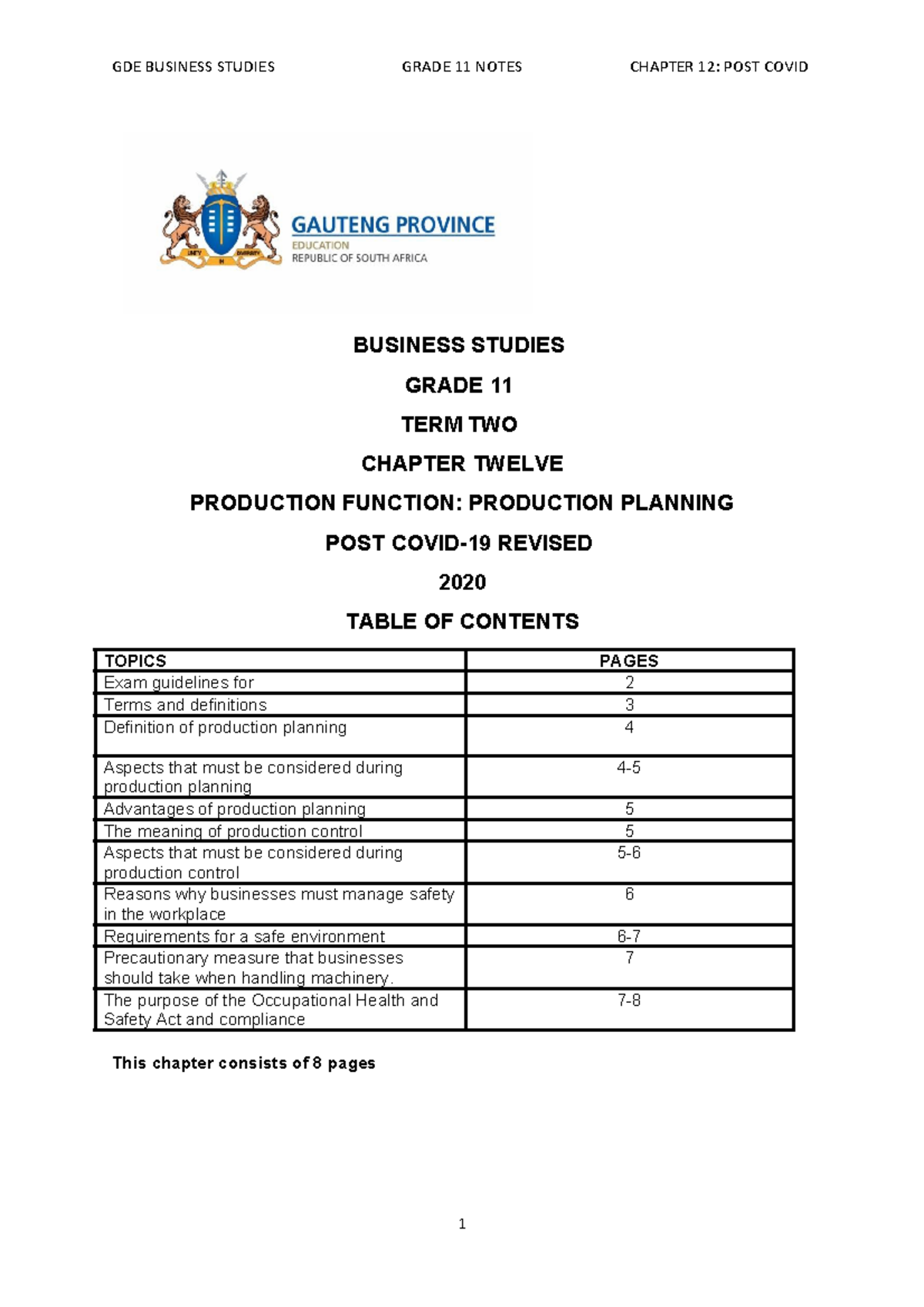 Production Function - Notes - BUSINESS STUDIES GRADE 11 TERM TWO ...
