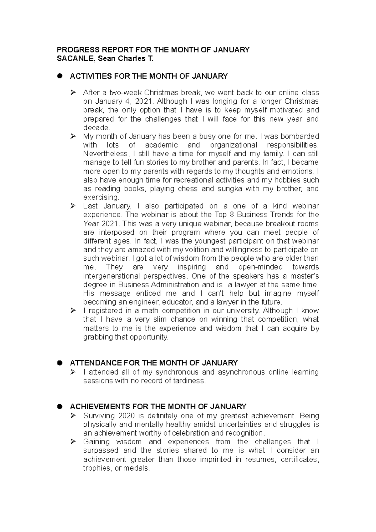 Progress Report FOR THE Month OF January - PROGRESS REPORT FOR THE ...