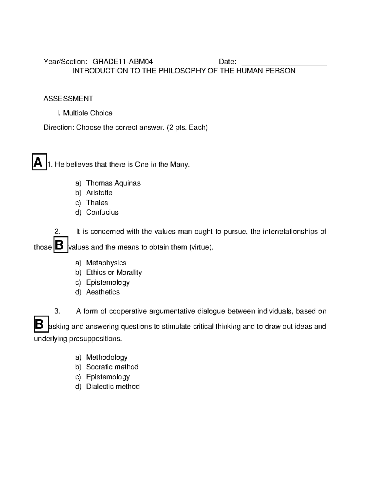 Intro TO Philosophy - Answers - Year/Section: GRADE11-ABM04 Date ...