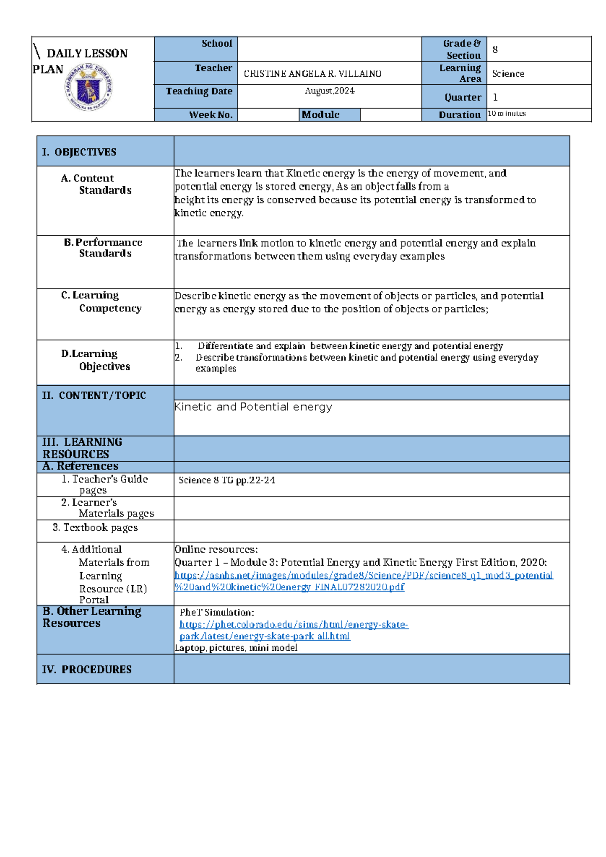 Final LP - lesson plan - \ DAILY LESSON PLAN School Grade & Section 8 ...