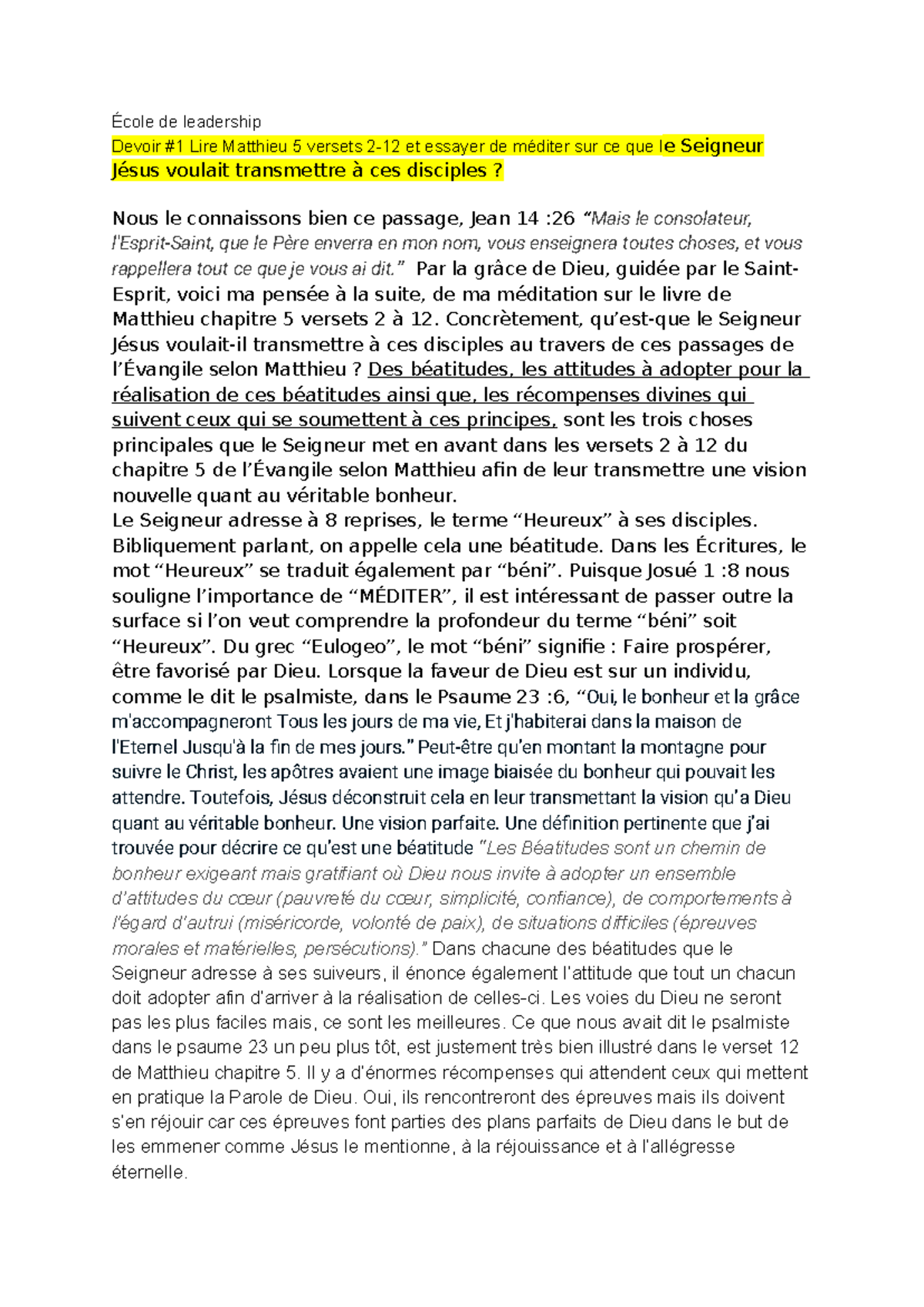 École de leadership - devoir personnel peut varier d'une personne a l ...