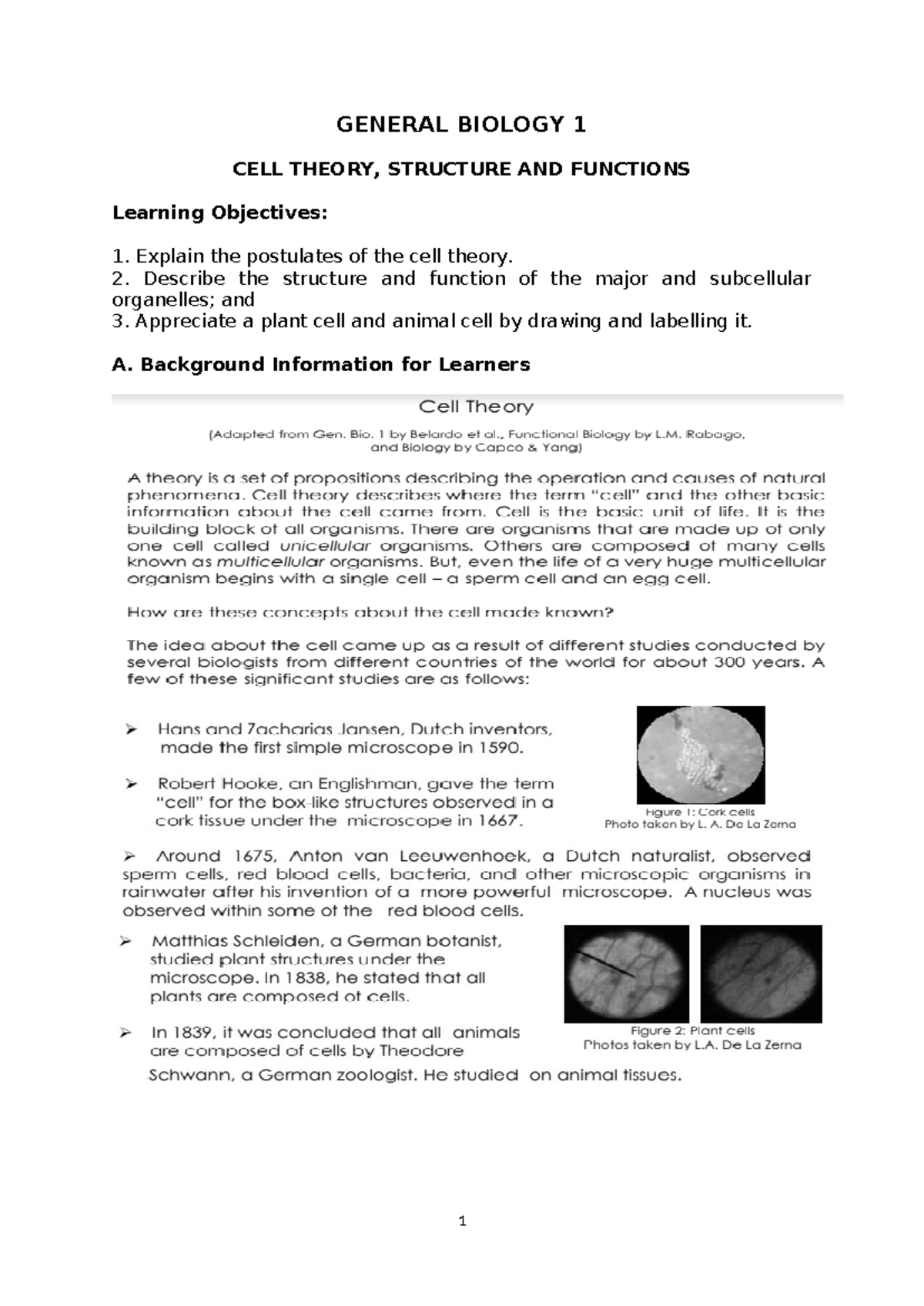 Gen Bio 1 Module 1 - Biology - GENERAL BIOLOGY 1 CELL THEORY, STRUCTURE ...