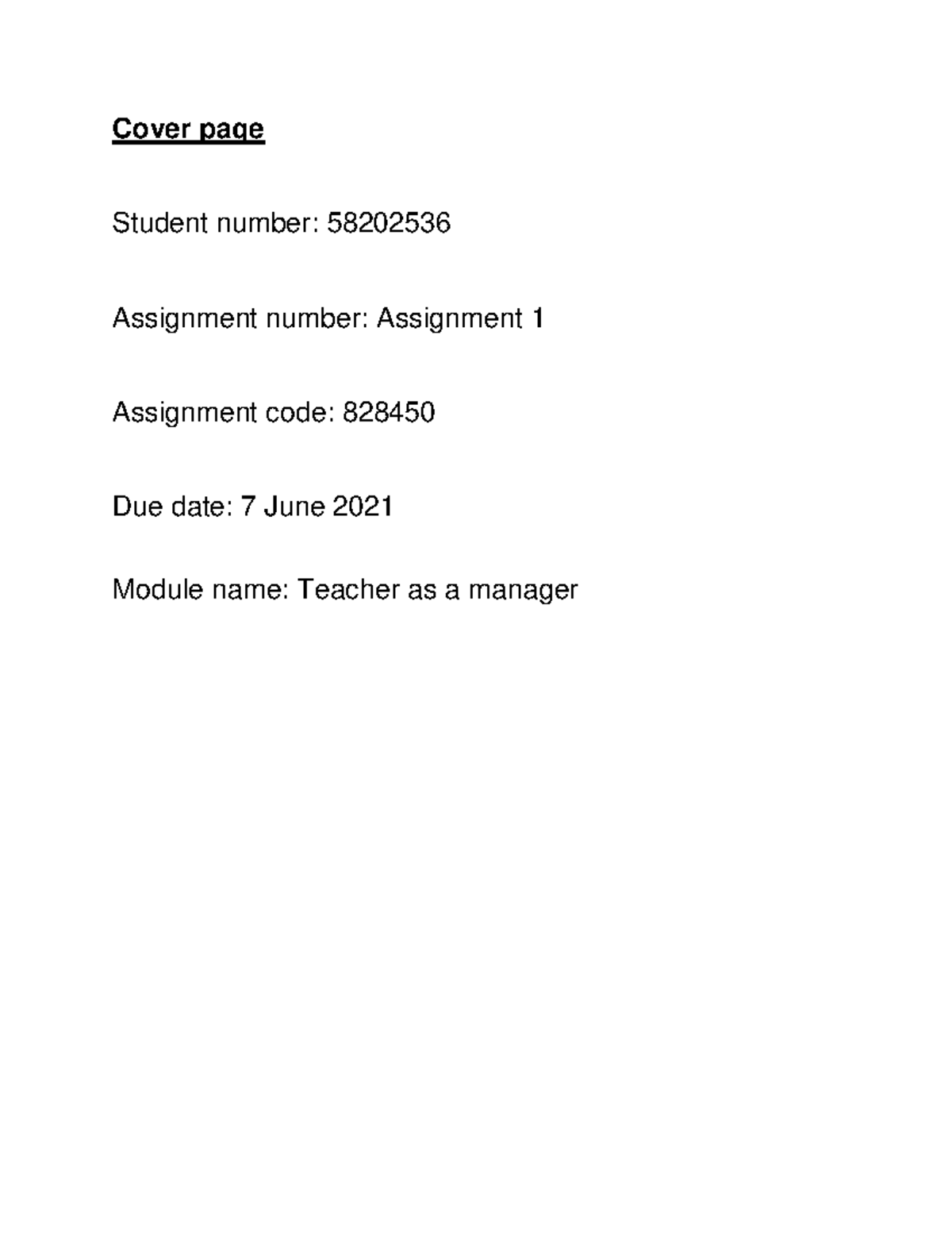 Assignment 1 TAM2601 - Portfolio task notes - Cover page Student number ...