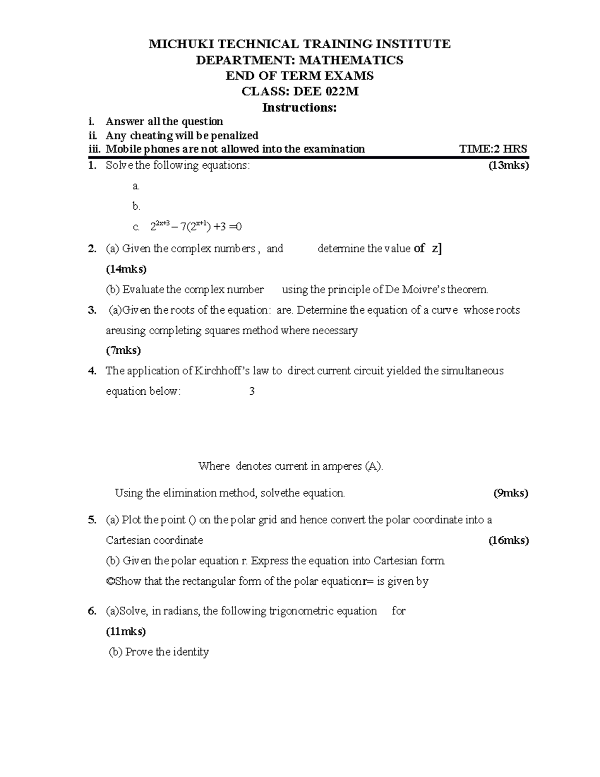 Exams DEE022M END TERM - assignment - MICHUKI TECHNICAL TRAINING ...