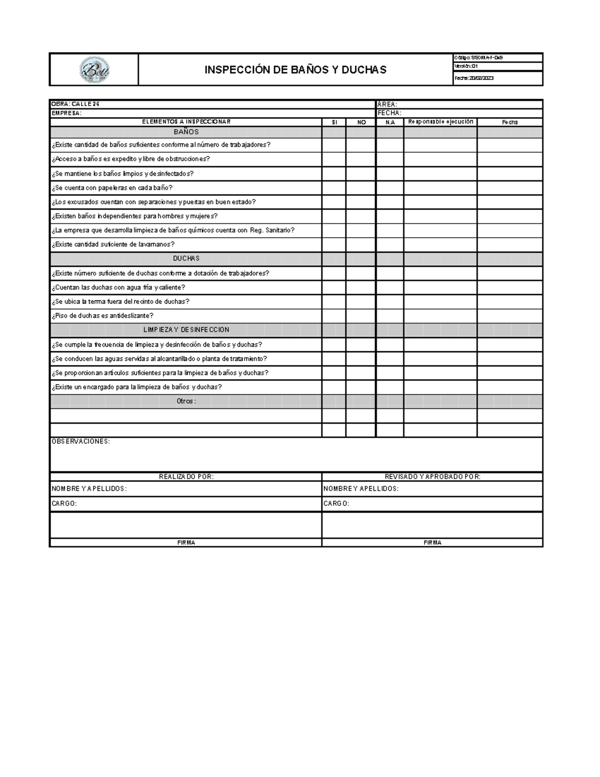 Baño - INSPECCION - SI NO N Fecha NOMBRE Y APELLIDOS: CARGO: CARGO: FIRMA FIRMA NOMBRE Y ...