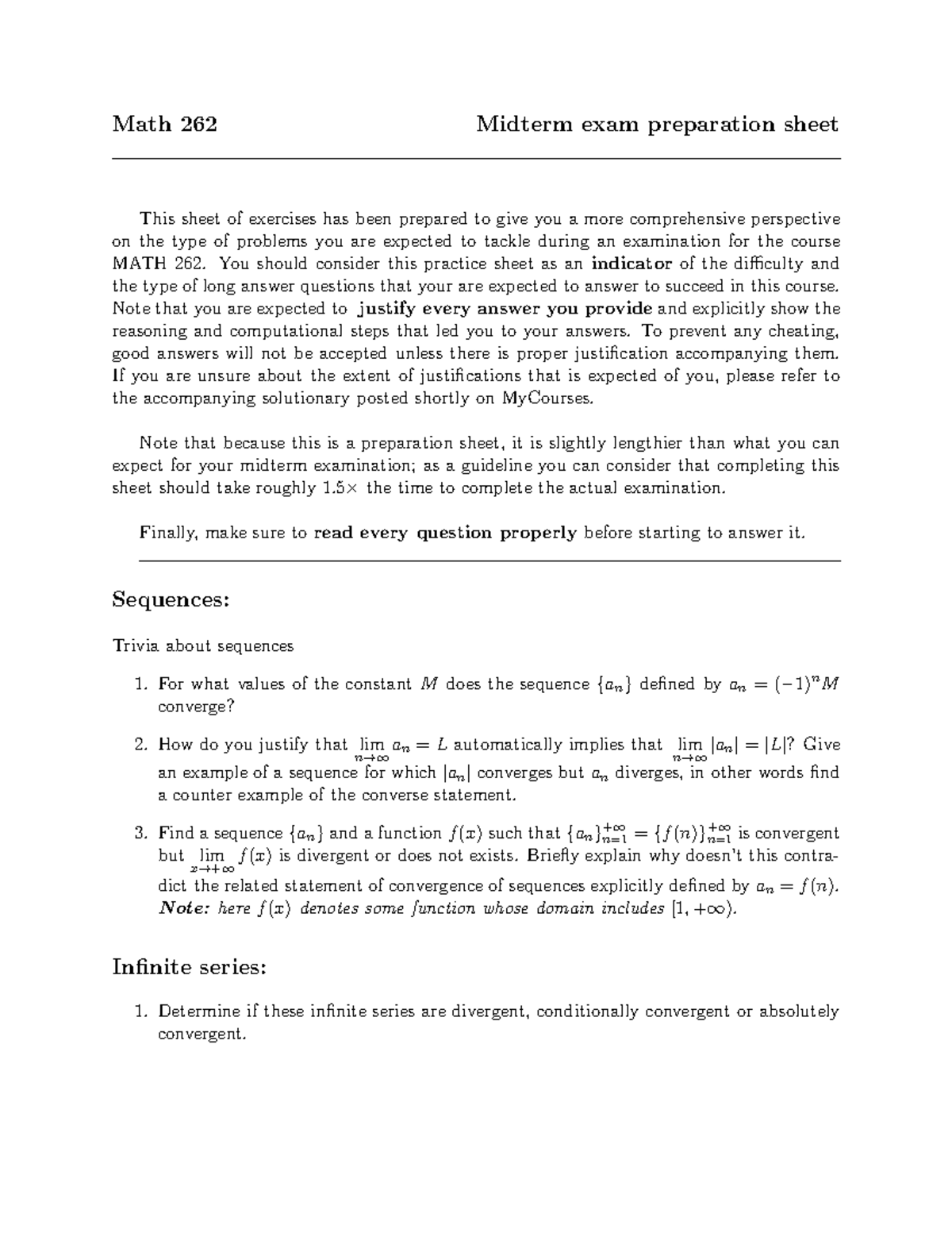Math 262 midterm practice sheet (sequences, series, limits and partial ...