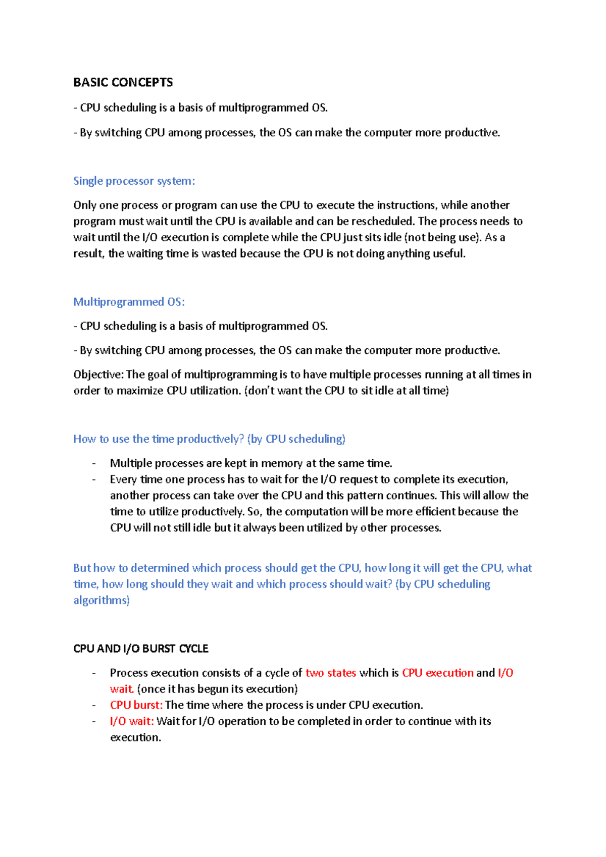 Chapter 5-notes for test - BASIC CONCEPTS CPU scheduling is a basis of ...