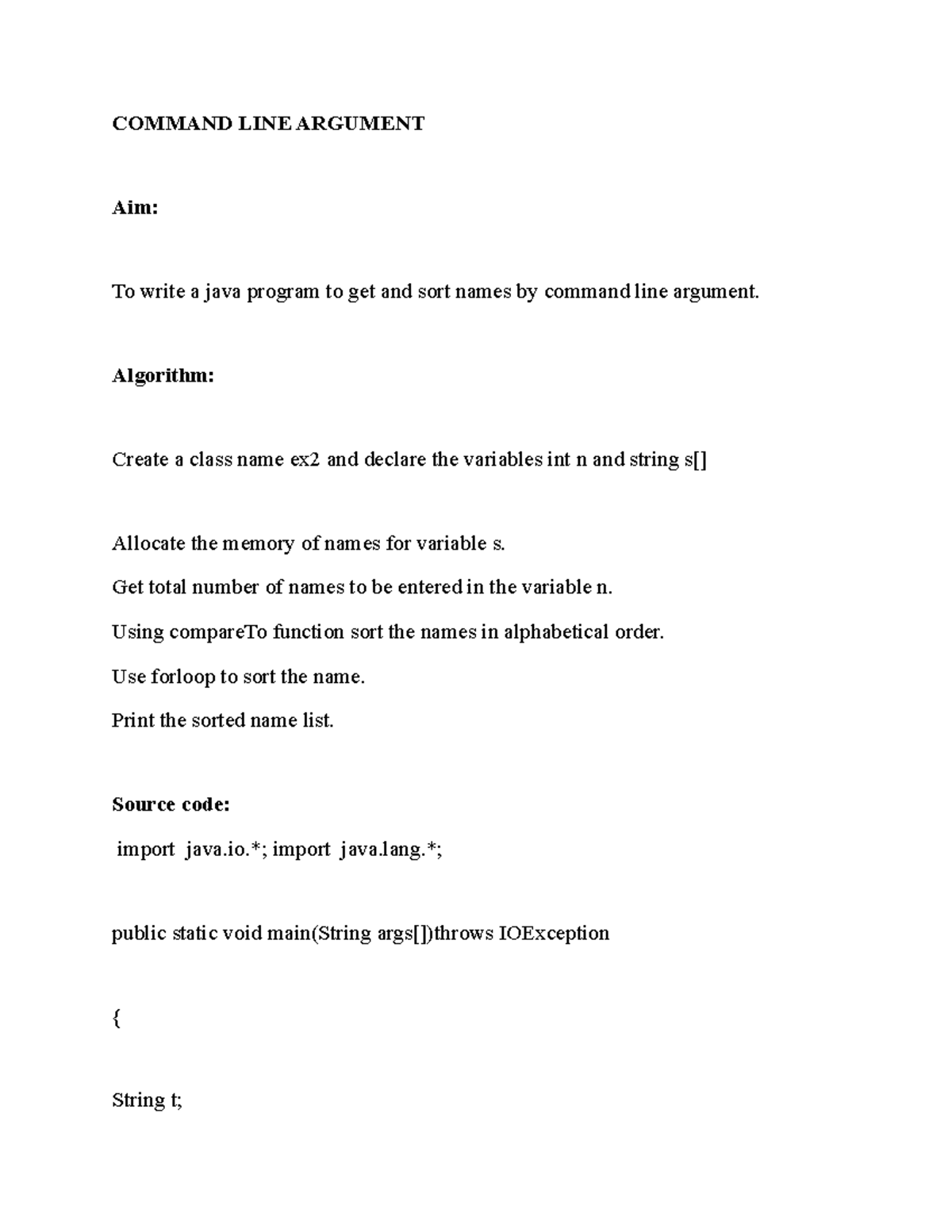 Tutorial Lab Program COMMAND LINE ARGUMENT Aim To Write A Java