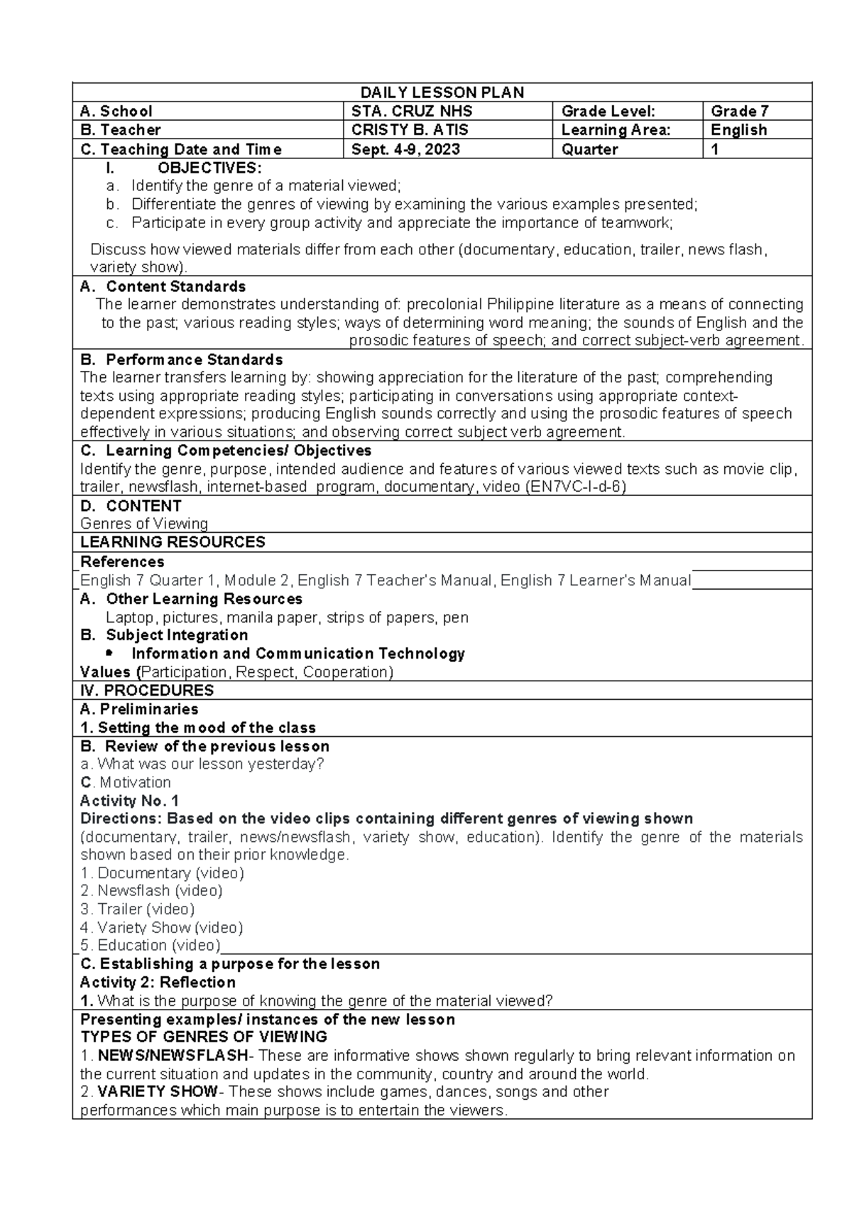 Lesson Plan -Grade 7-Genres of Viewing - DAILY LESSON PLAN A. School ...