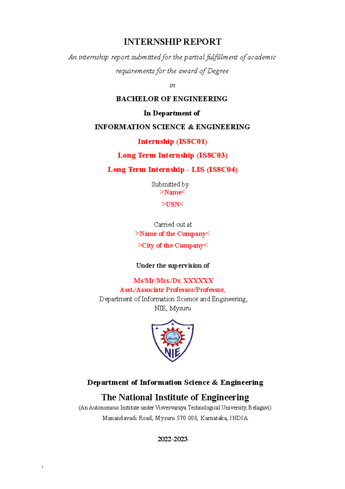 Internship Report Front Pages - INTERNSHIP REPORT An internship report submitted for the partial ...