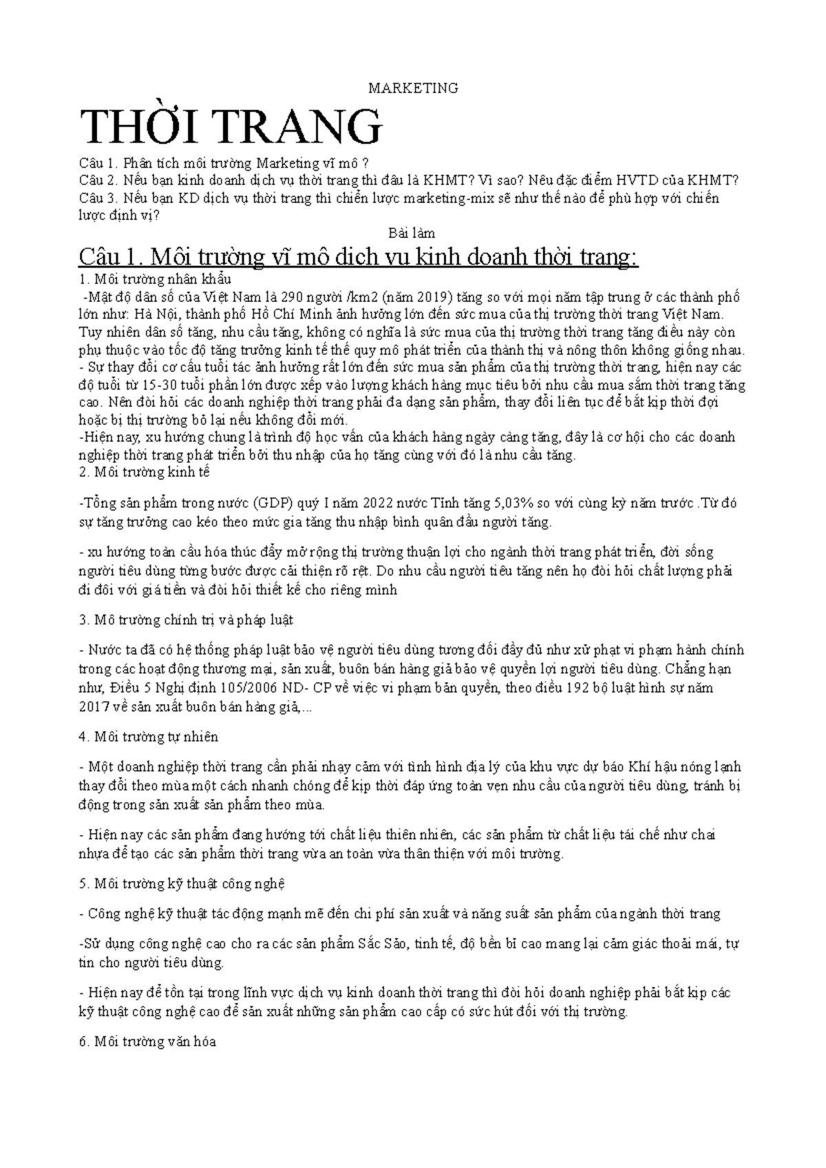 Marketing - grgegr - MARKETING THỜI TRANG Câu 1. Phân tích môi trường ...