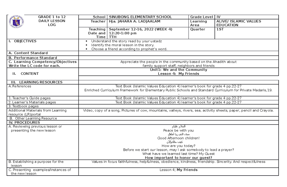 G4-unit-1-L-4-The-Friends - GRADE 1 to 12 DAILY LESSON LOG School ...