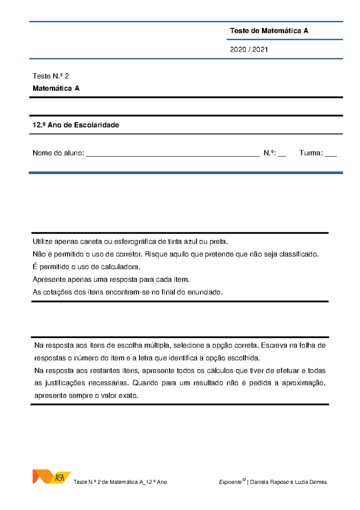 Edicoes ASA - 12 Ano 2020-21 - 2 Teste - Teste de Matemática A 2020 / ...