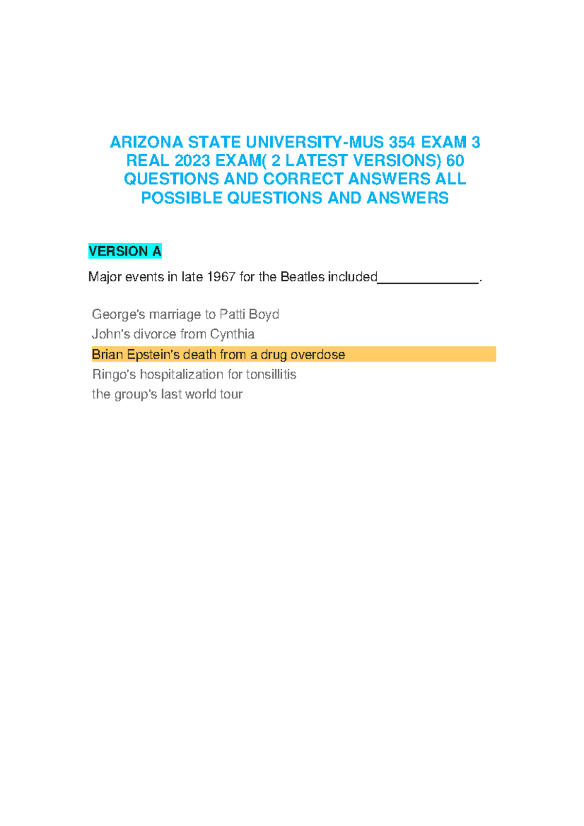 Exam3 MUS - EXAM - ARIZONA STATE UNIVERSITY-MUS 354 EXAM 3 REAL 2023 ...