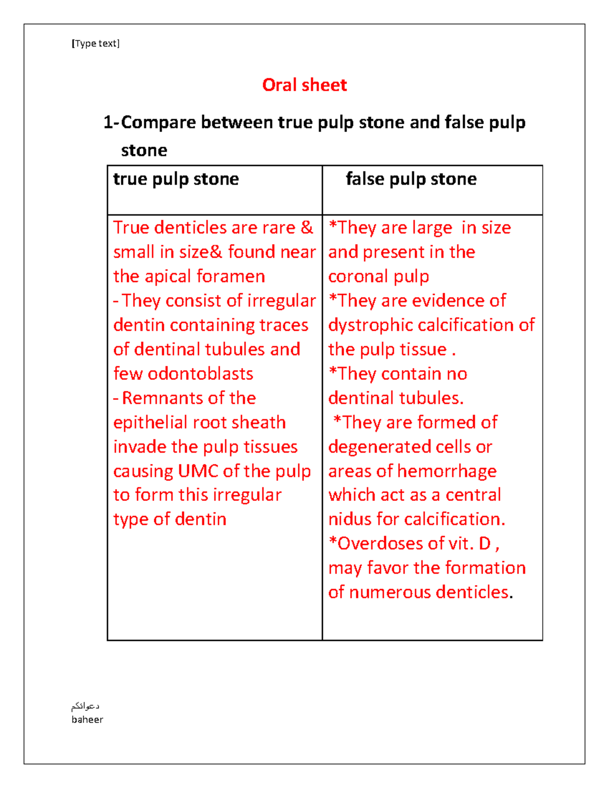Important Comparisons In Oral Biology - Oral sheet 1- Compare between ...