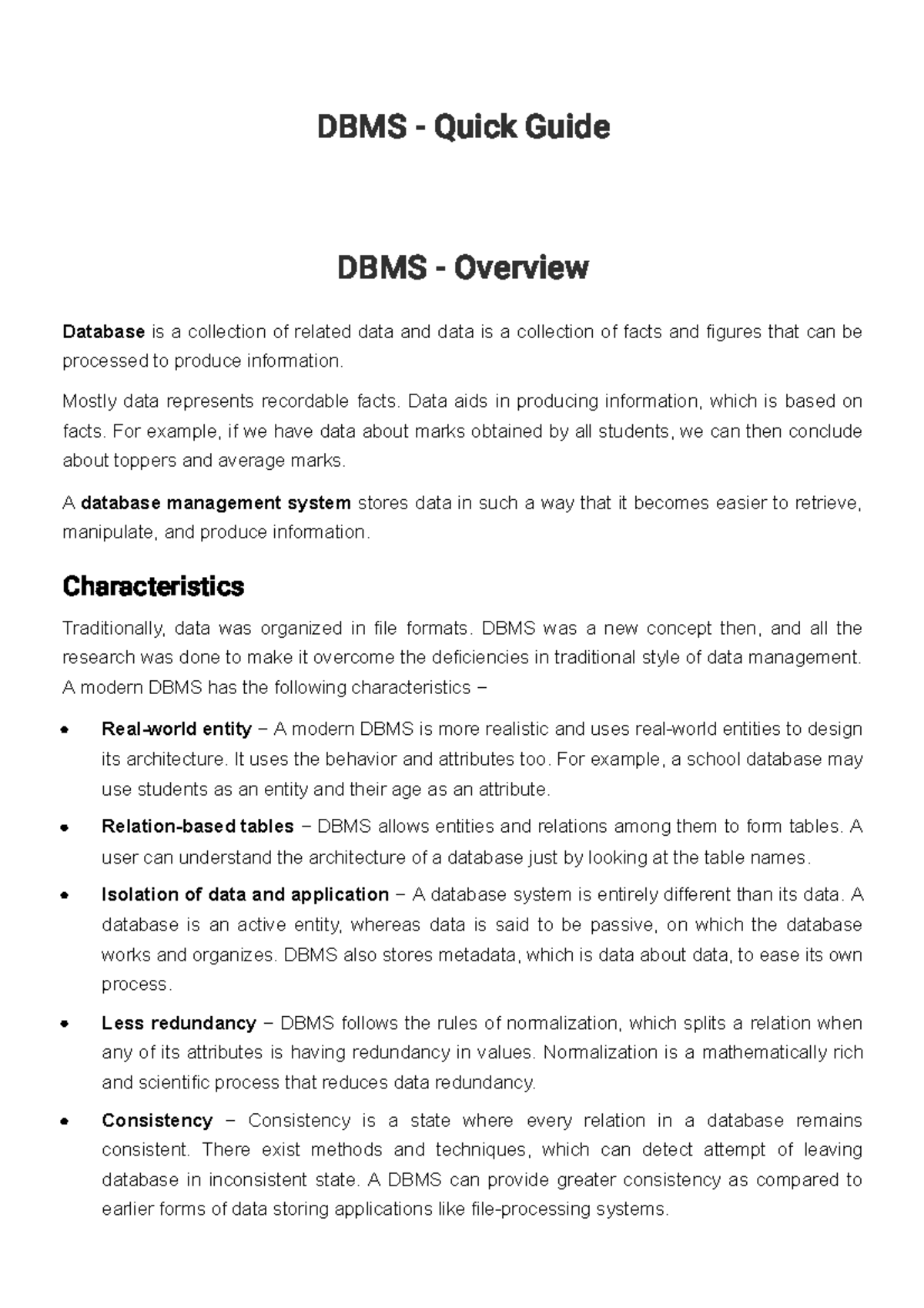 DBMS - Quick Guide - This is a notes - DBMS - Quick Guide DBMS ...