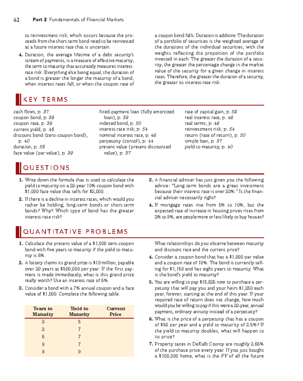 Present value Exercise - 62 Part 2 Fundamentals of Financial Markets Years to Maturity Yield to ...