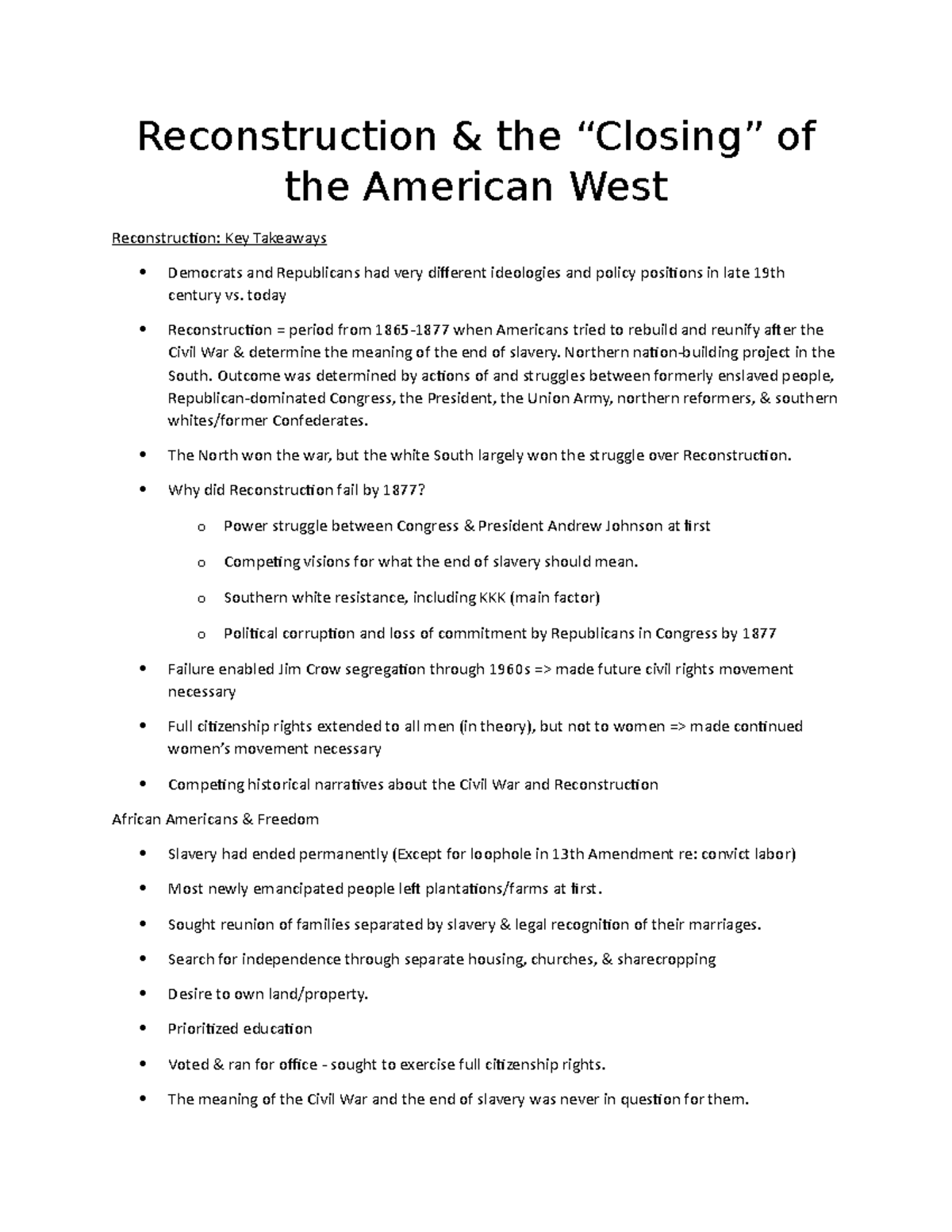 Reconstruction - today Reconstruction = period from 1865-1877 when ...