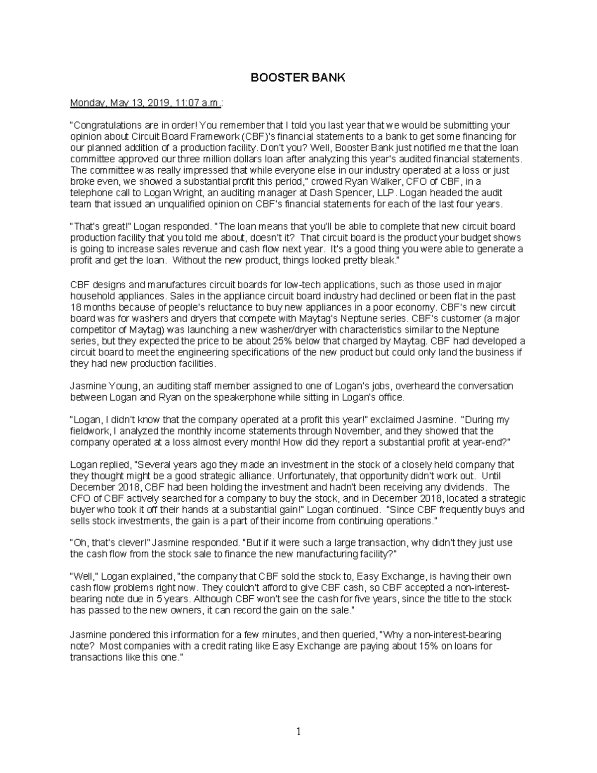 Booster Bank - Case -1 - None. - BOOSTER BANK Monday, May 13, 2019, 11: ...