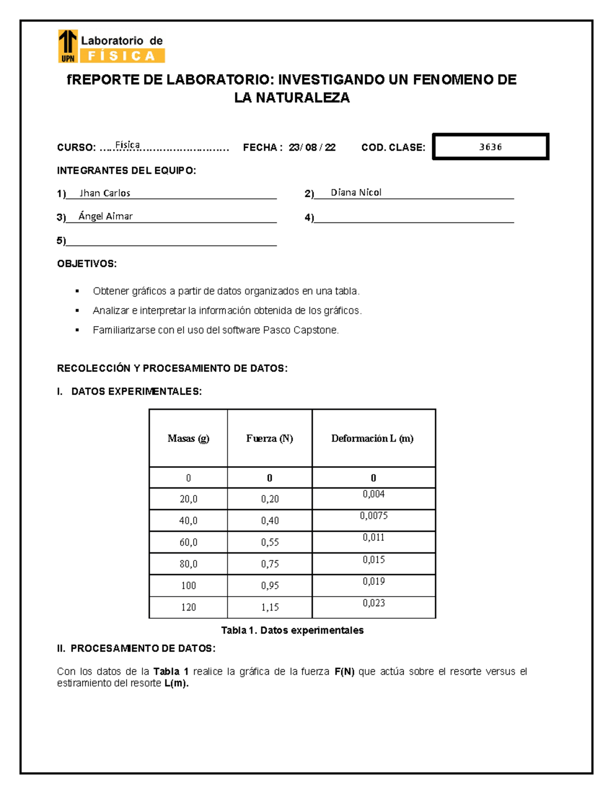 Reporte De Laboratorio Fisica 1 Freporte De Laboratorio