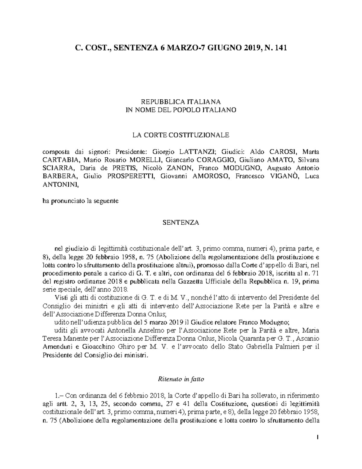 Sentenza C. Cost., 6 marzo-7 giugno 2019 , n. 141 - C. COST., SENTENZA ...