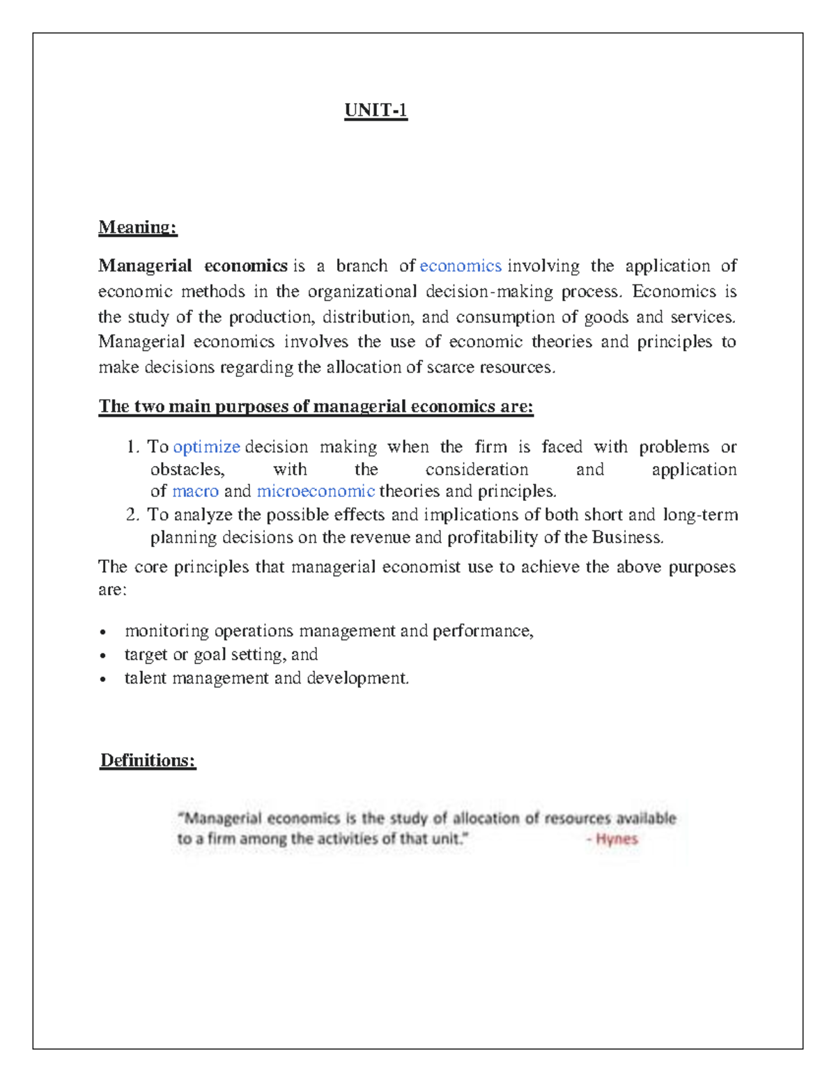 MEFA-UNIT-1 - Mefa - UNIT- Meaning: Managerial economics is a branch of economics involving the ...