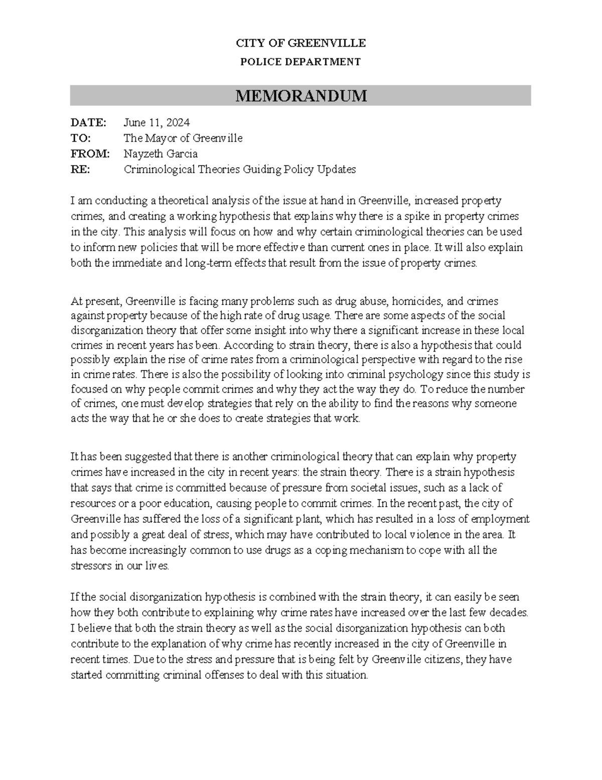 CJ 306 Project Two Memo Template - CITY OF GREENVILLE POLICE DEPARTMENT ...