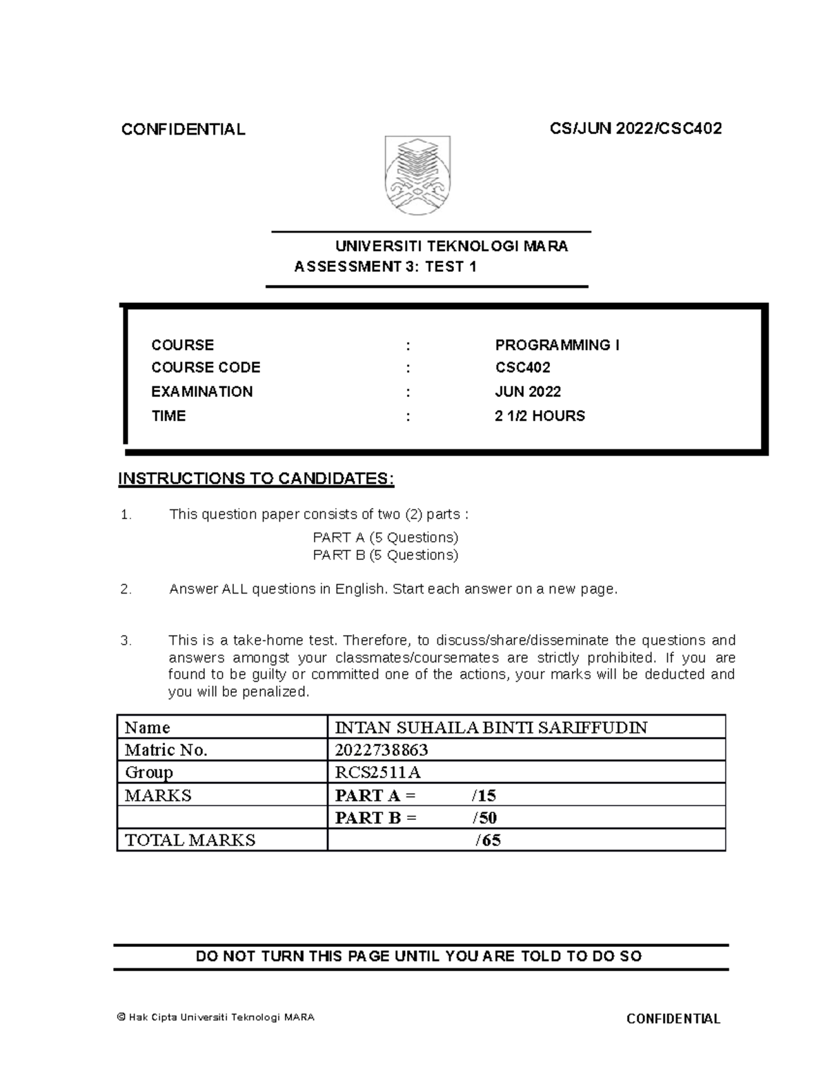 CSC402 MID TEST JUN 2022 - UNIVERSITI TEKNOLOGI MARA ASSESSMENT 3: TEST ...