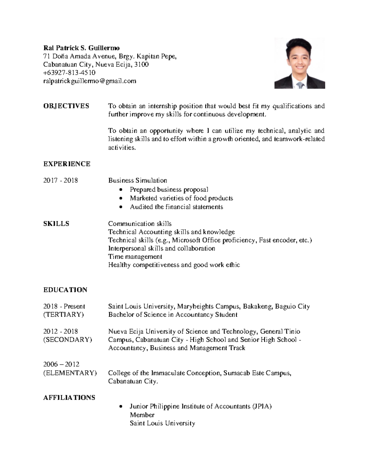 Guillermo Resume Tabago - Ral Patrick S. Guillermo 71 Doña Amada Avenue ...