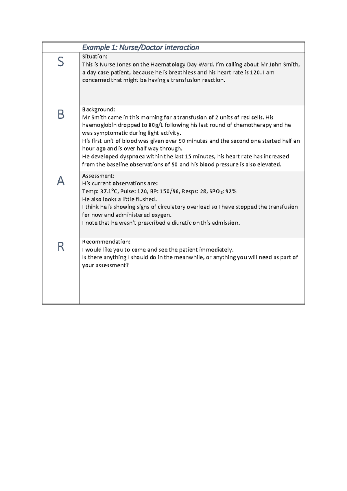 SBAR examples - its great - Example 1: Nurse/Doctor interaction ...