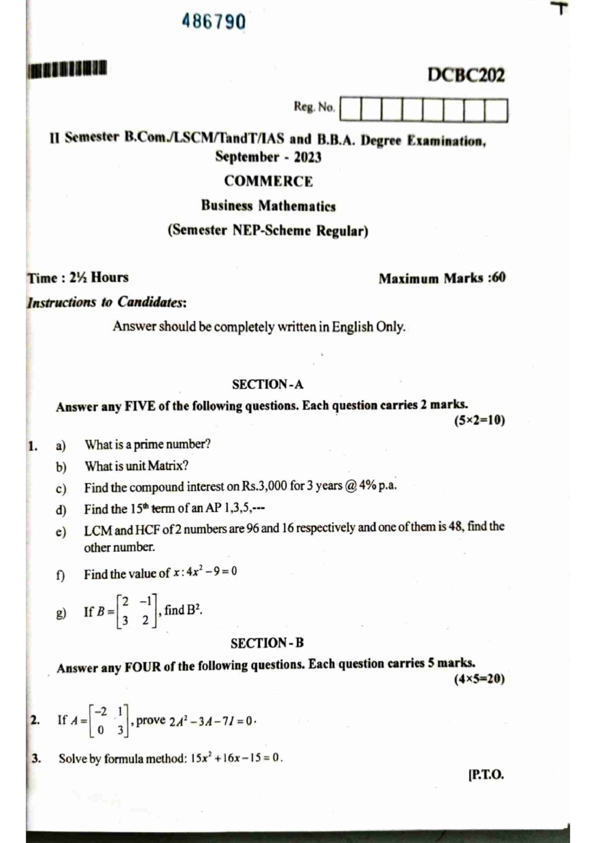 BM 2023 Paper - 486790 DCBC202 Reg. No. II Semester and B.B. Degree ...