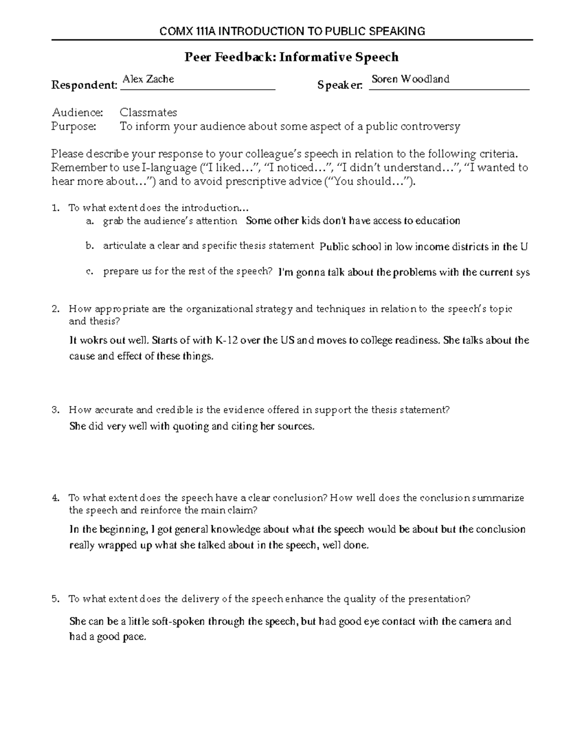 Feedback speech 2 - COMX 111A INTRODUCTION TO PUBLIC SPEAKING Peer ...