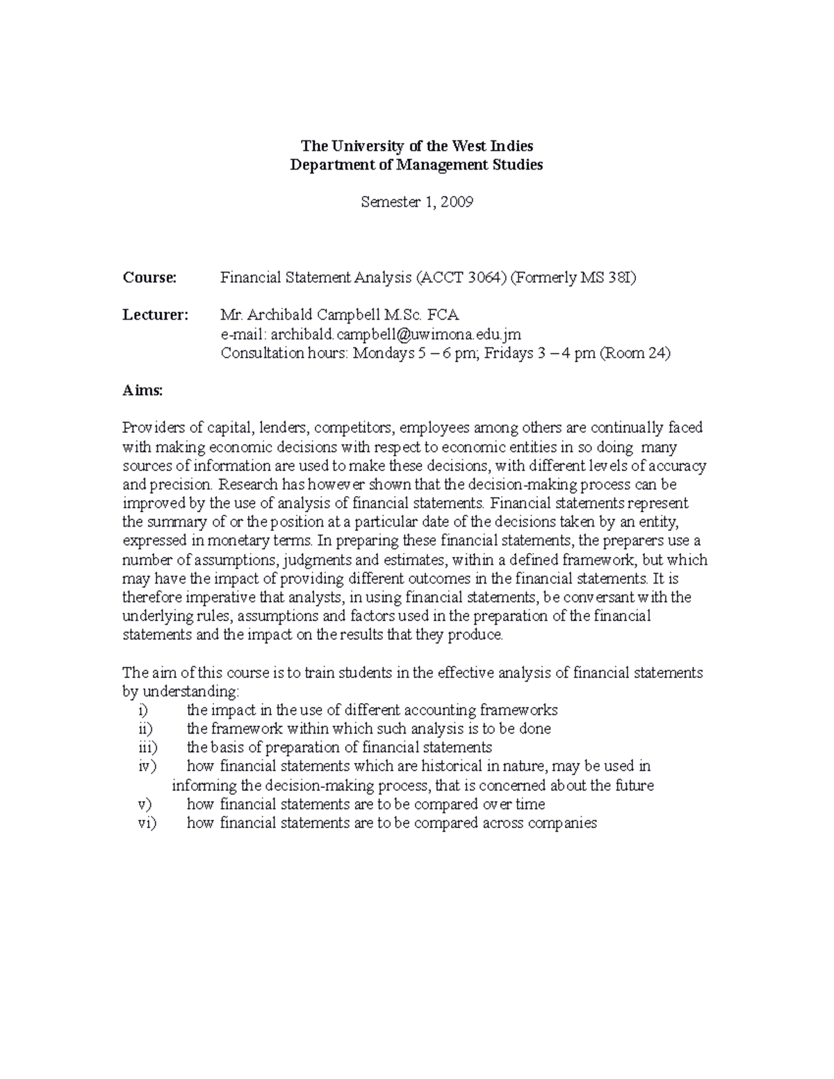 Fin Stat Analysis-coutline- Financial Statement Analysis - UWI Mona ...