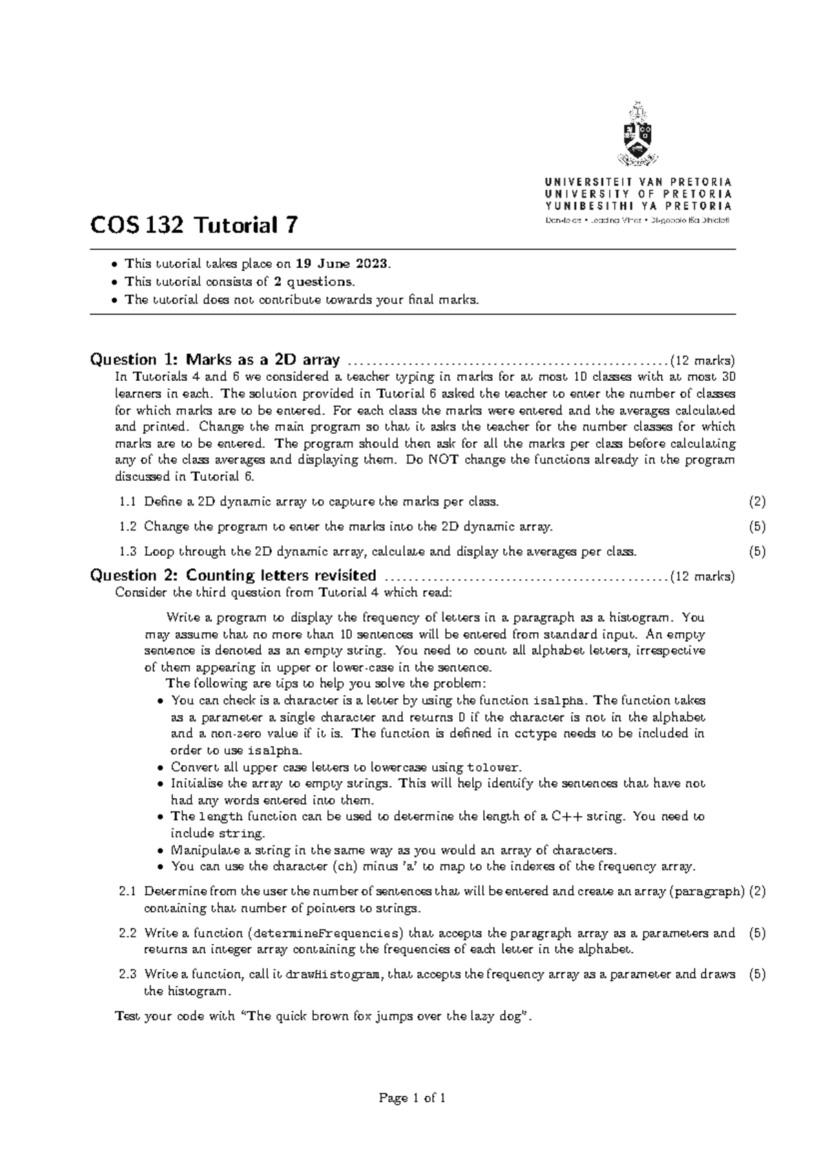 cos 132 workshhet - COS 132 Tutorial 7 This tutorial takes place on 19 June 2023. This tutorial ...