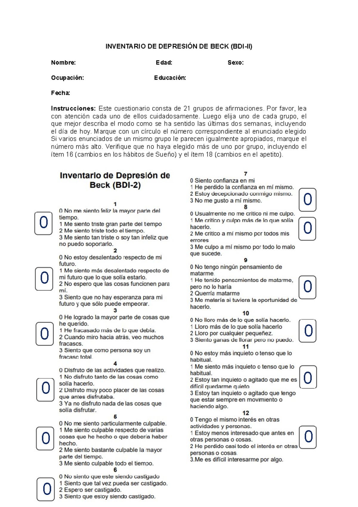Inventario DE Depresión DE BECK - INVENTARIO DE DEPRESIÓN DE BECK (BDI ...